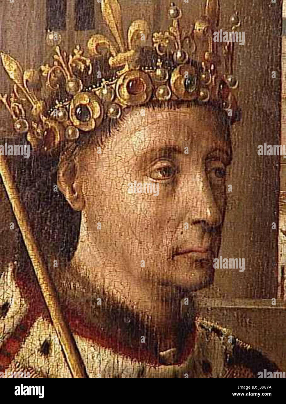 Detail of the retable (altarpiece) depicting King Charles VII presiding ...
