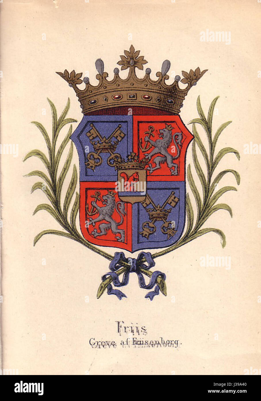 The coat of arms of Greve Friis, possibly a noble or historical family ...