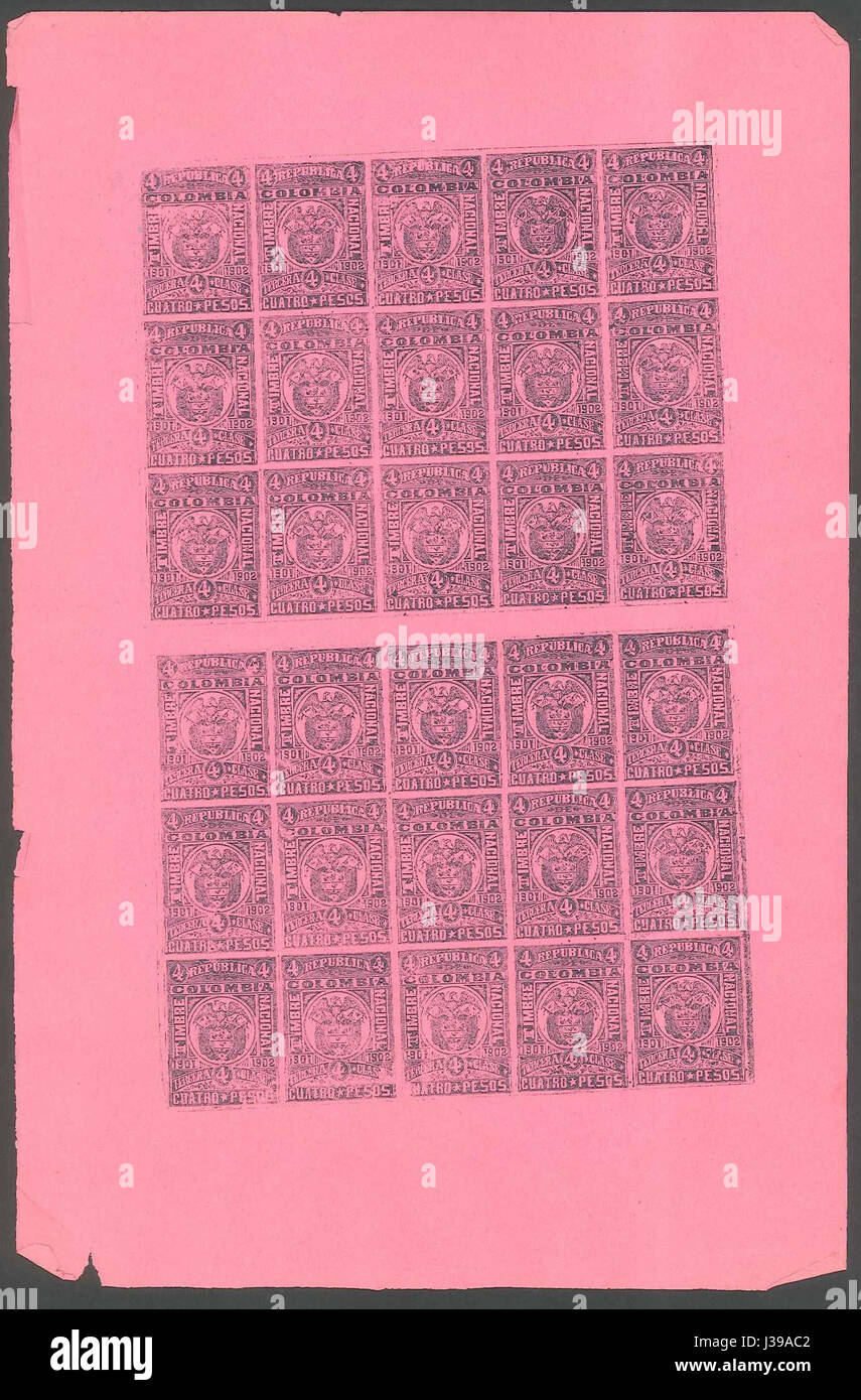 A revenue stamp sheet from Colombia, dating back to 1901-1902, features ...