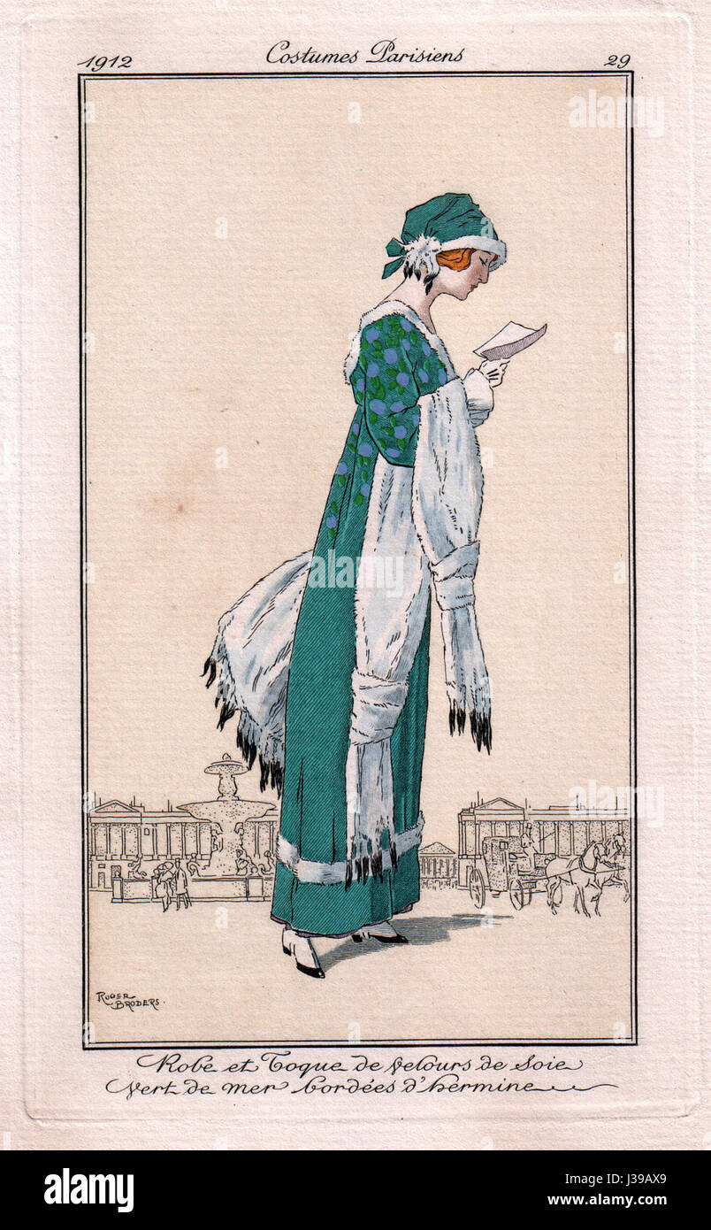 A 1912 depiction of Parisian fashion, showcasing a variety of elegant ...