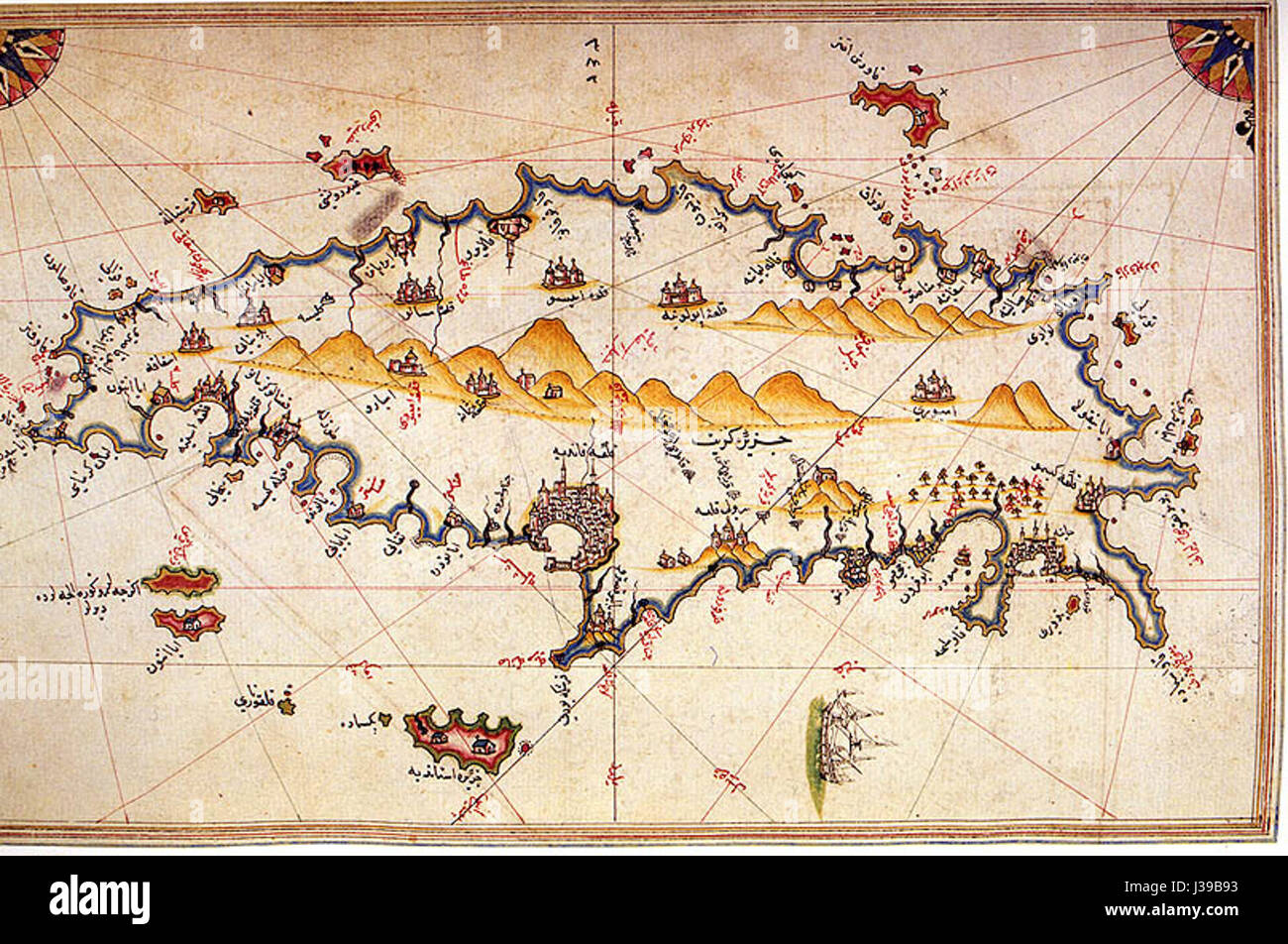 A historical map of Crete created by the Ottoman cartographer Piri Reis ...