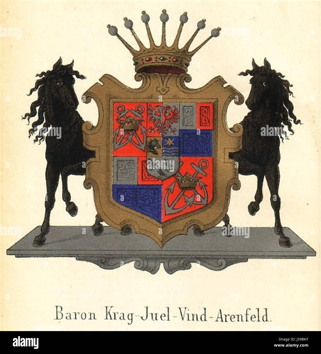 The coat of arms of Baron Krag Juel Vind Arenfeldt represents a noble ...
