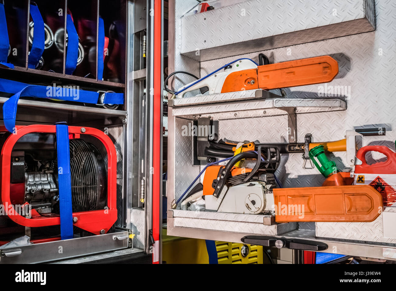 Interior view from a professional fire brigade equipment in a fire ...