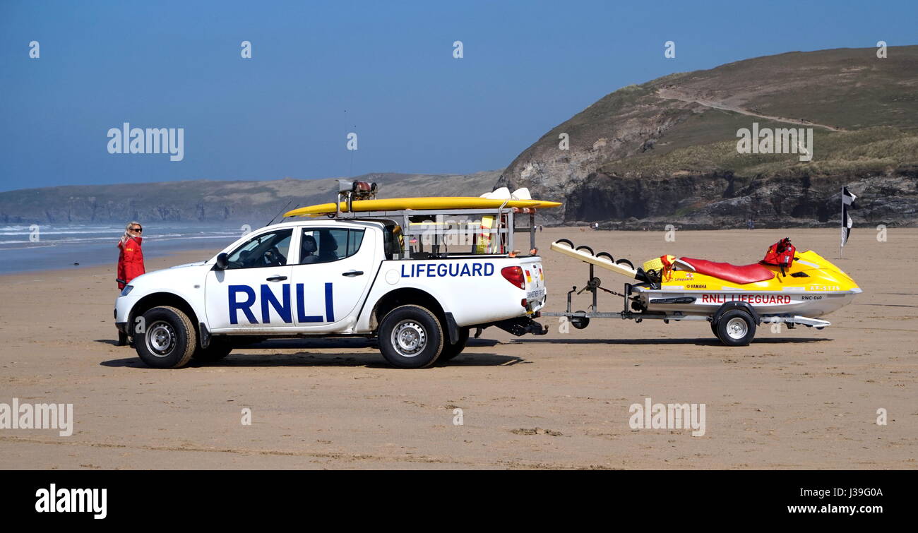 Newquay, Cornwall, UK - April 7 2017: RNLI Lifeguard with truck and ...