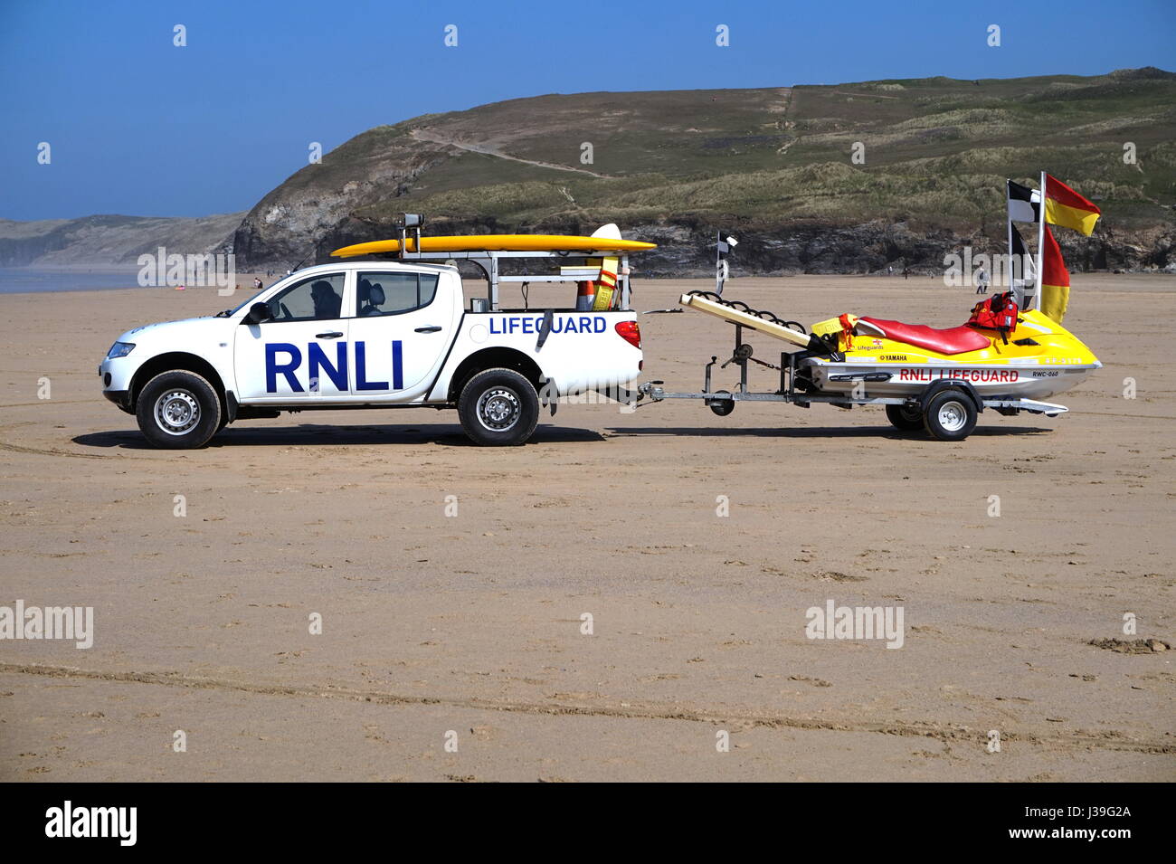 Newquay, Cornwall, UK - April 7 2017: RNLI Lifeguard truck and jet ski ...
