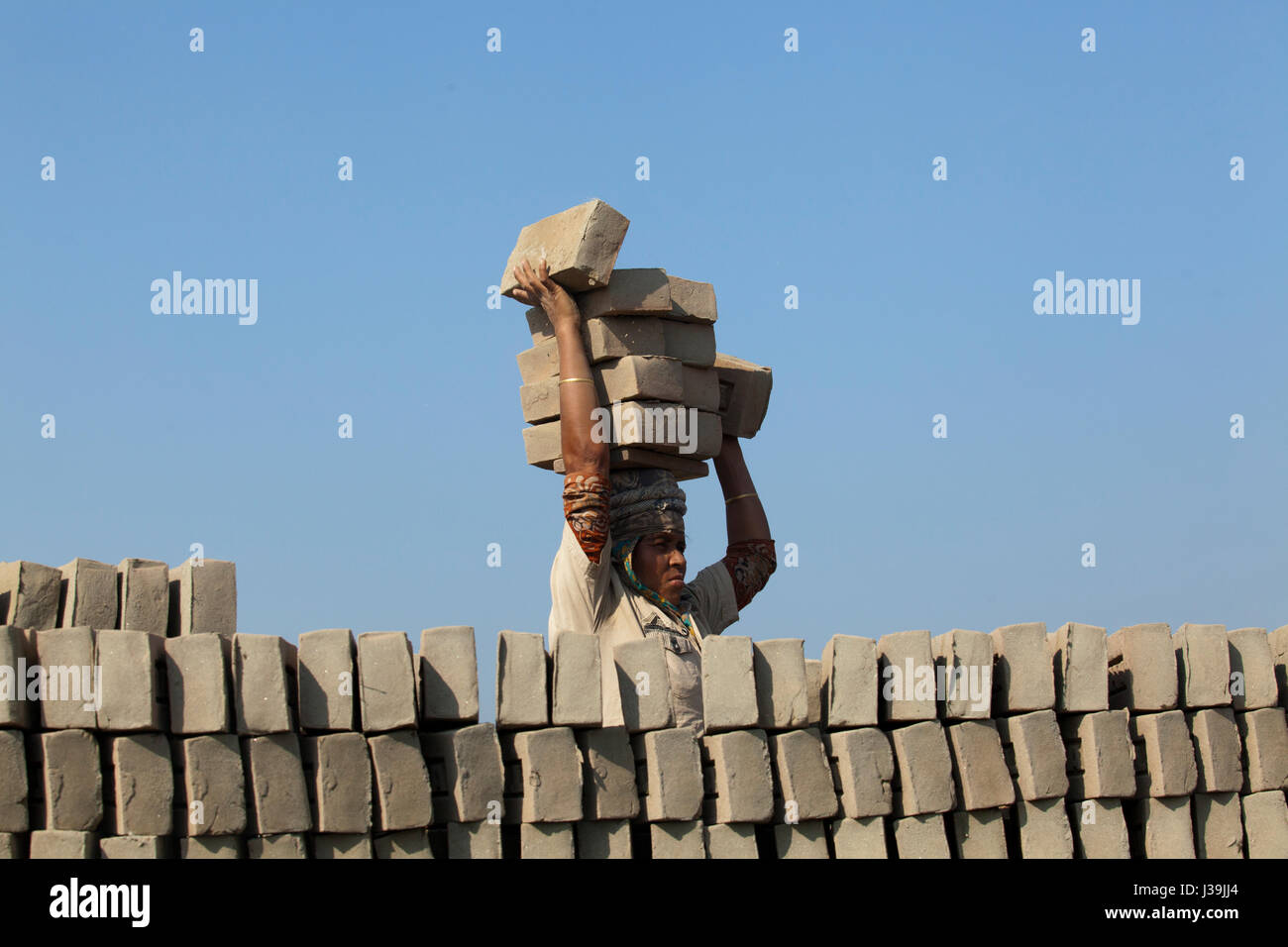 Female labourer works at brickfield at Amin Bazar. Dhaka, Bangladesh ...