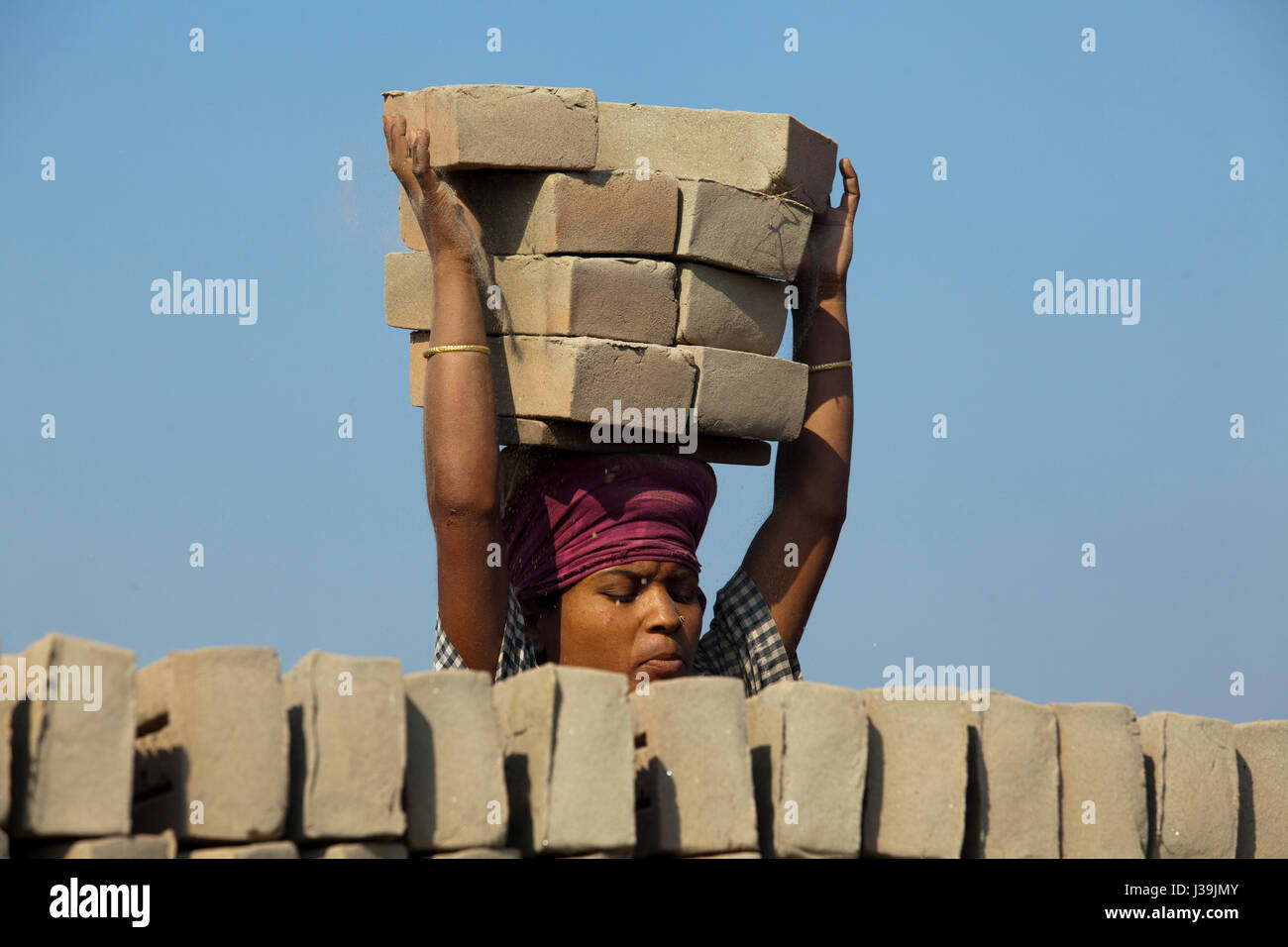 Female labourer works at brickfield at Amin Bazar. Dhaka, Bangladesh ...