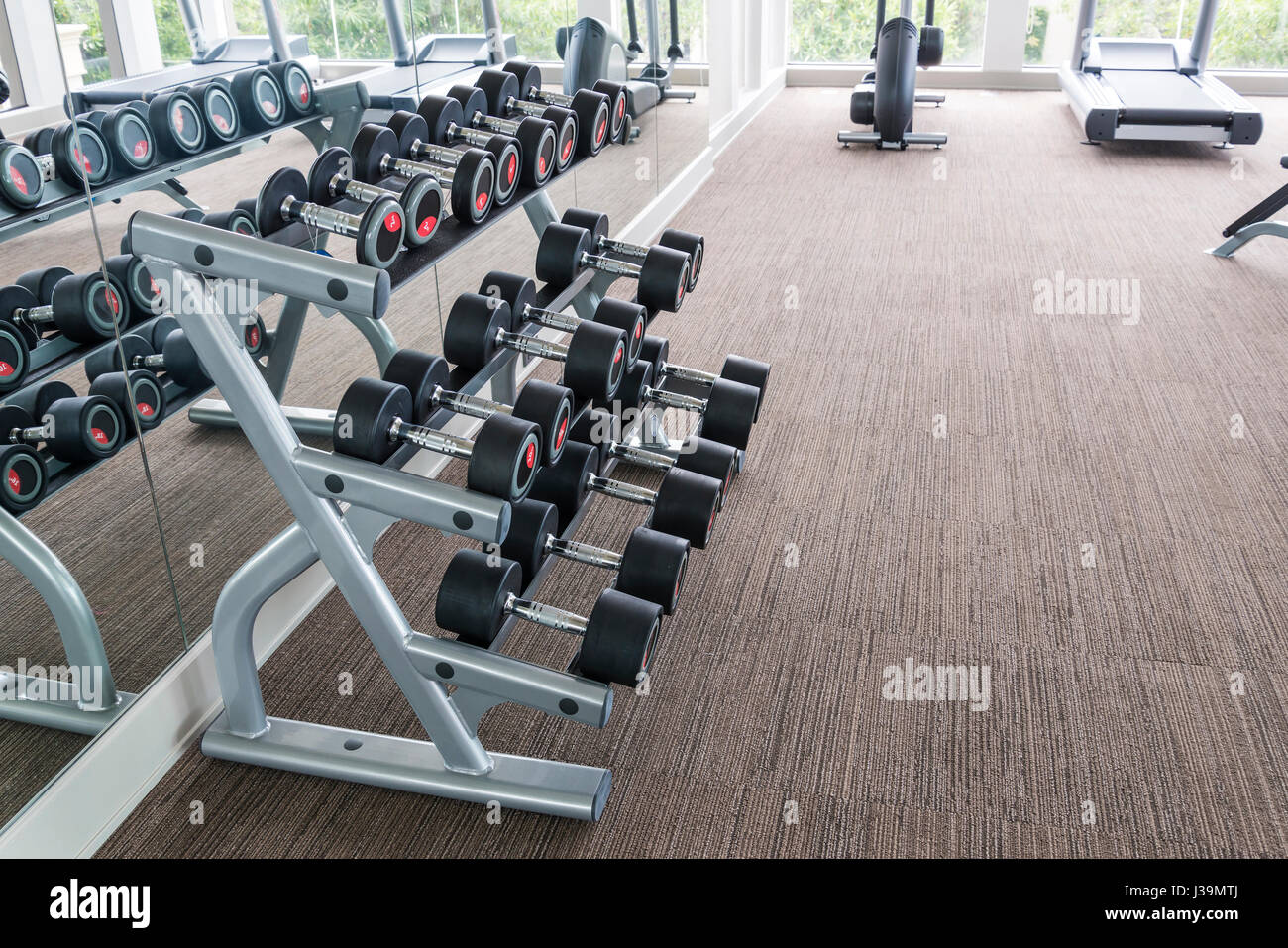 dumbbells in modern sports club. Weight Training Equipment Stock Photo ...