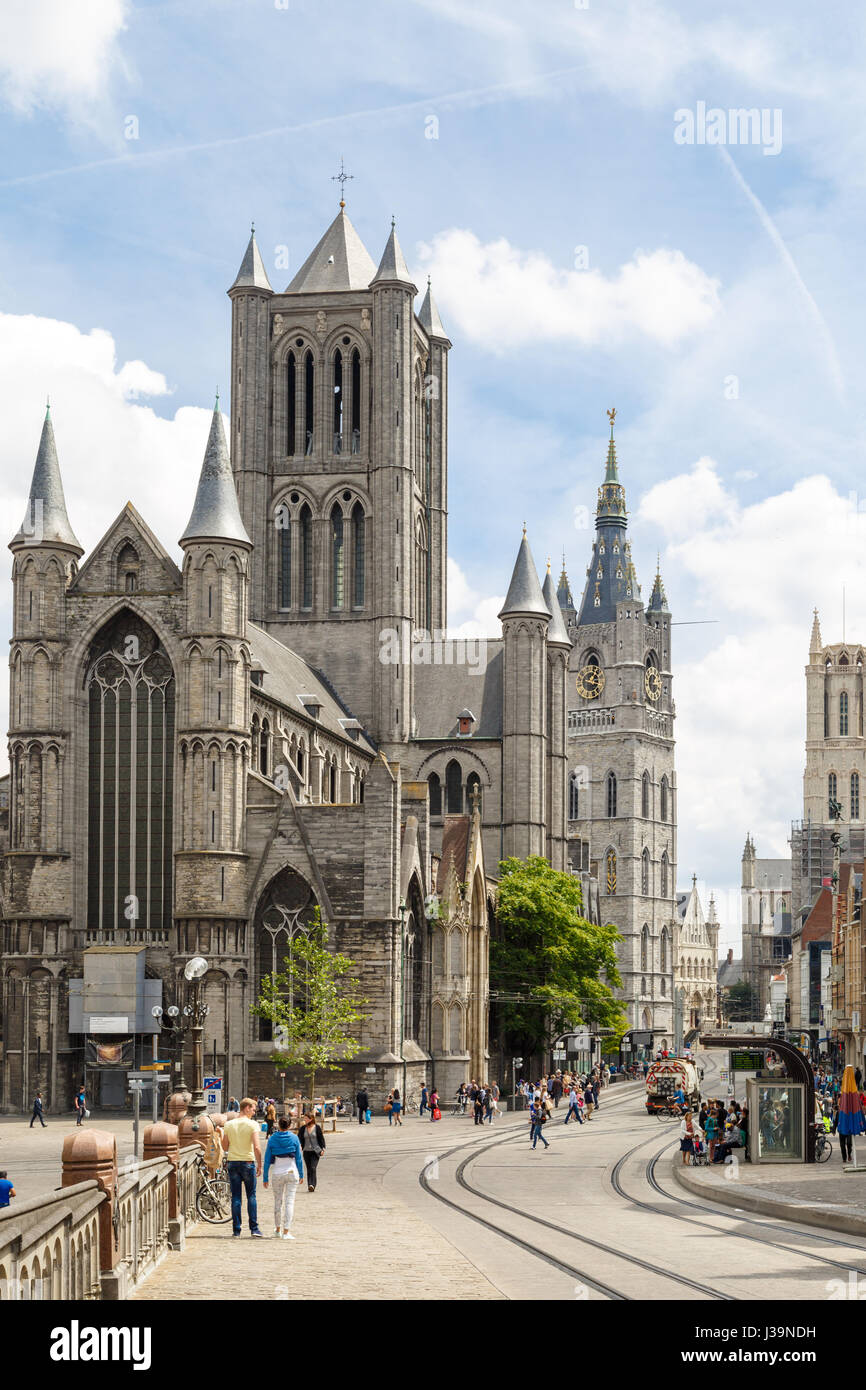 GENT, BELGIUM - JULY 6, 2016 : Korenmarkt, St Nicholas Church and St ...