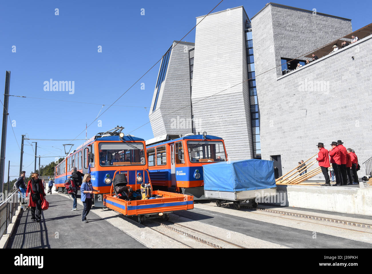 Monte Generoso, Switzerland - 8 April 2017: Tourists in the rack train ...