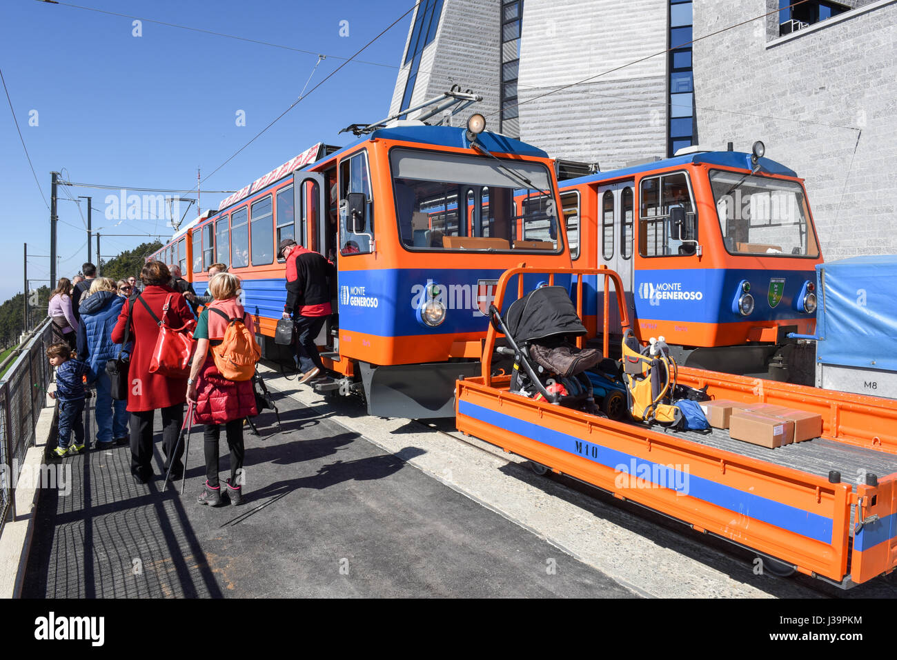 Monte Generoso, Switzerland - 8 April 2017: Tourists in the rack train ...