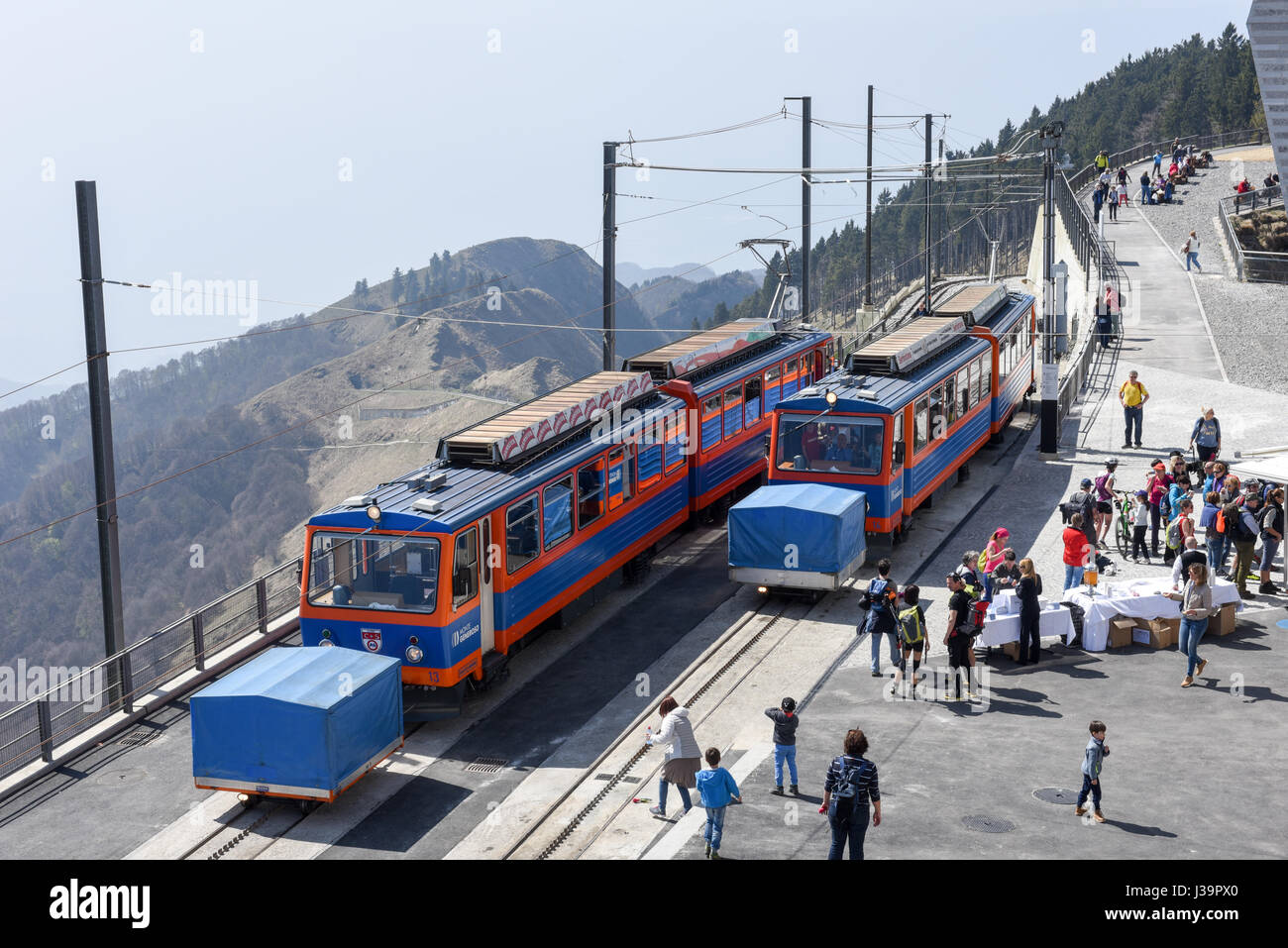 Monte Generoso, Switzerland - 8 April 2017: Tourists in the rack train ...