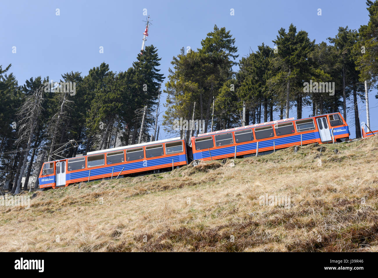 Monte Generoso, Switzerland -8 April 2017: rack train that rises to the ...
