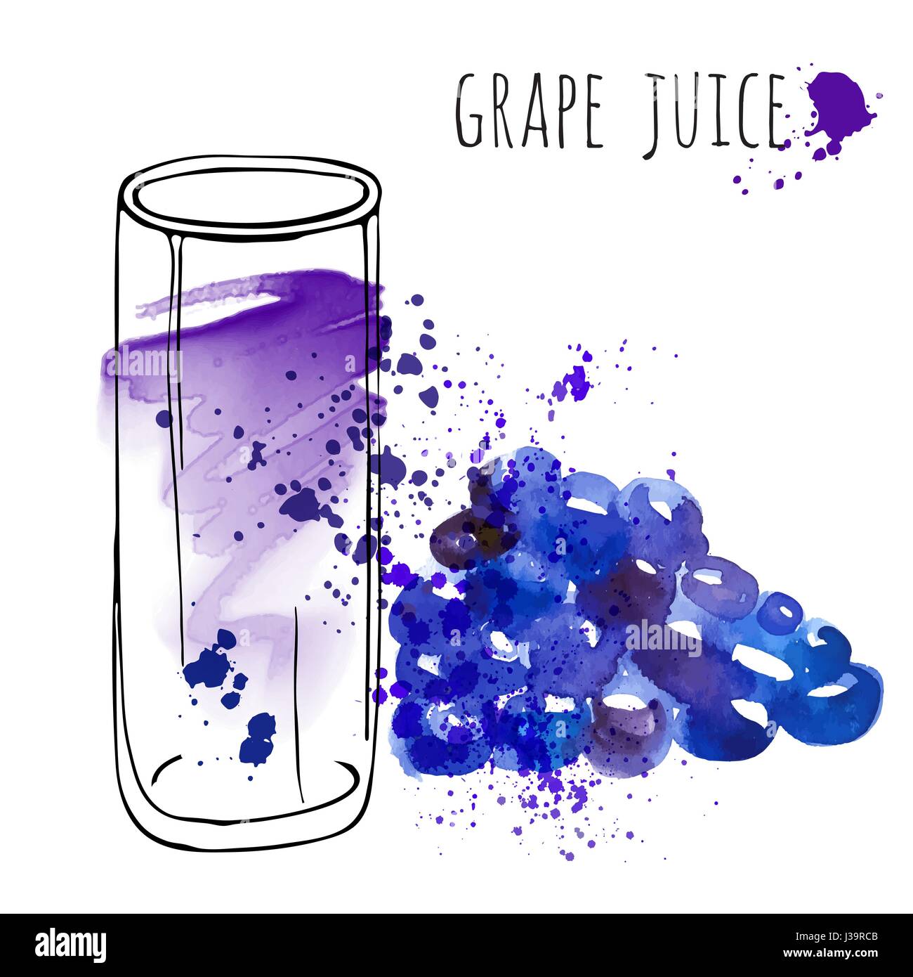 Grape juice in glass and grapevine vector illustration. Watercolor ...