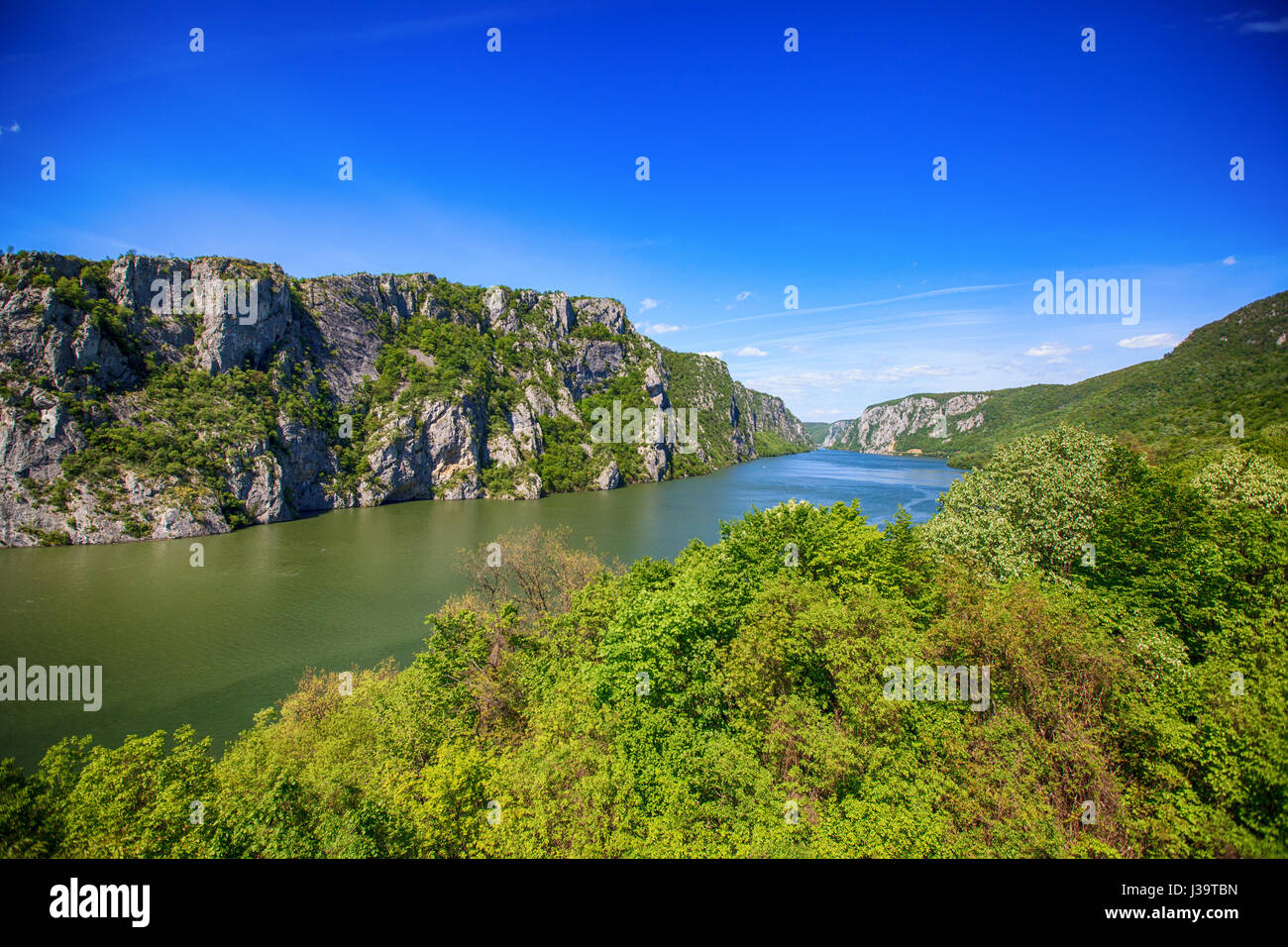 Danube river landscape, Serbia and Romania border ,narrowest part of ...