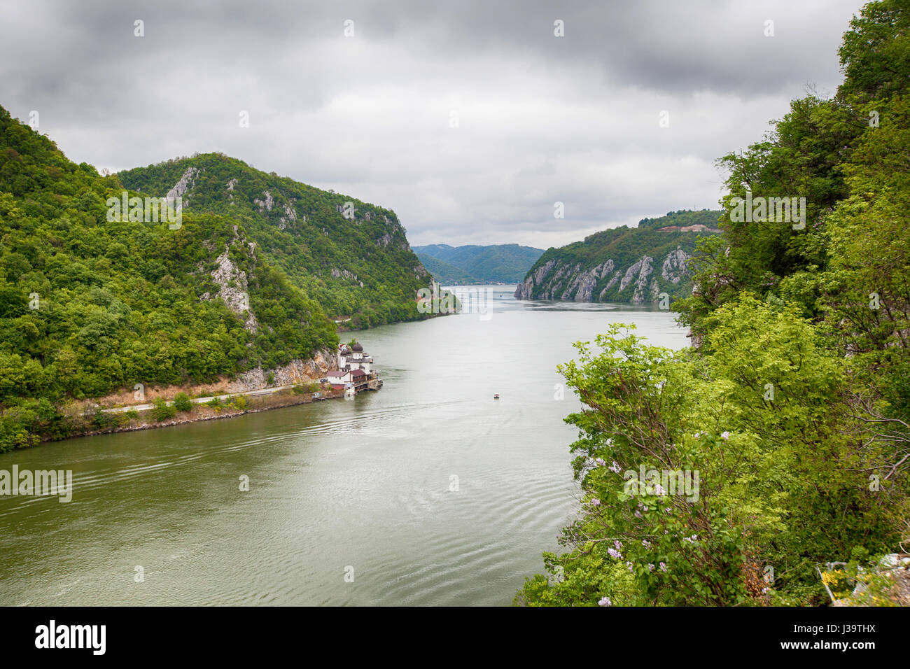 Danube river landscape, Serbia and Romania border ,narrowest part of ...