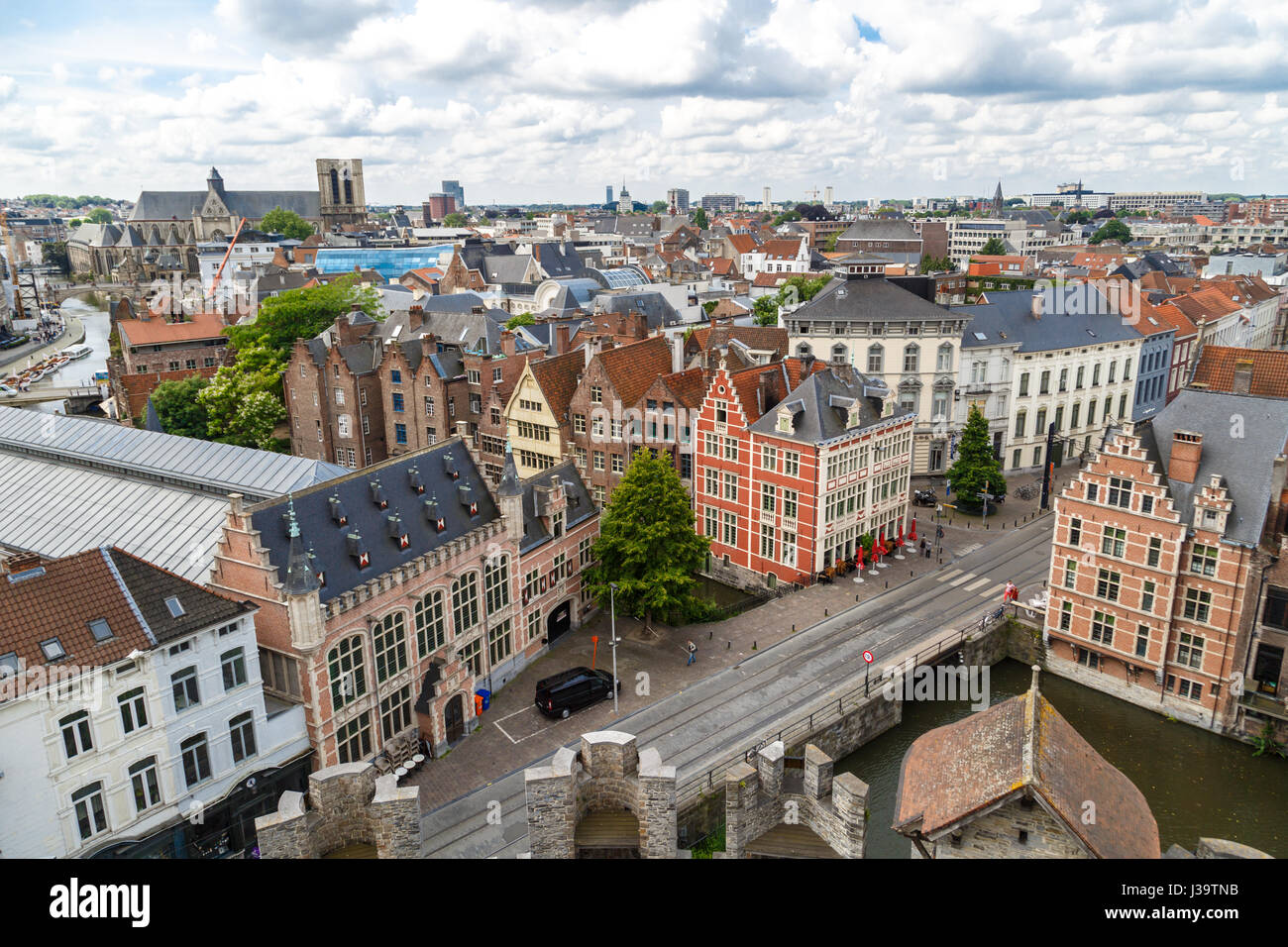 GENT, BELGIUM - JULY 6, 2016 : Aerial view of old town from Gravensteen ...