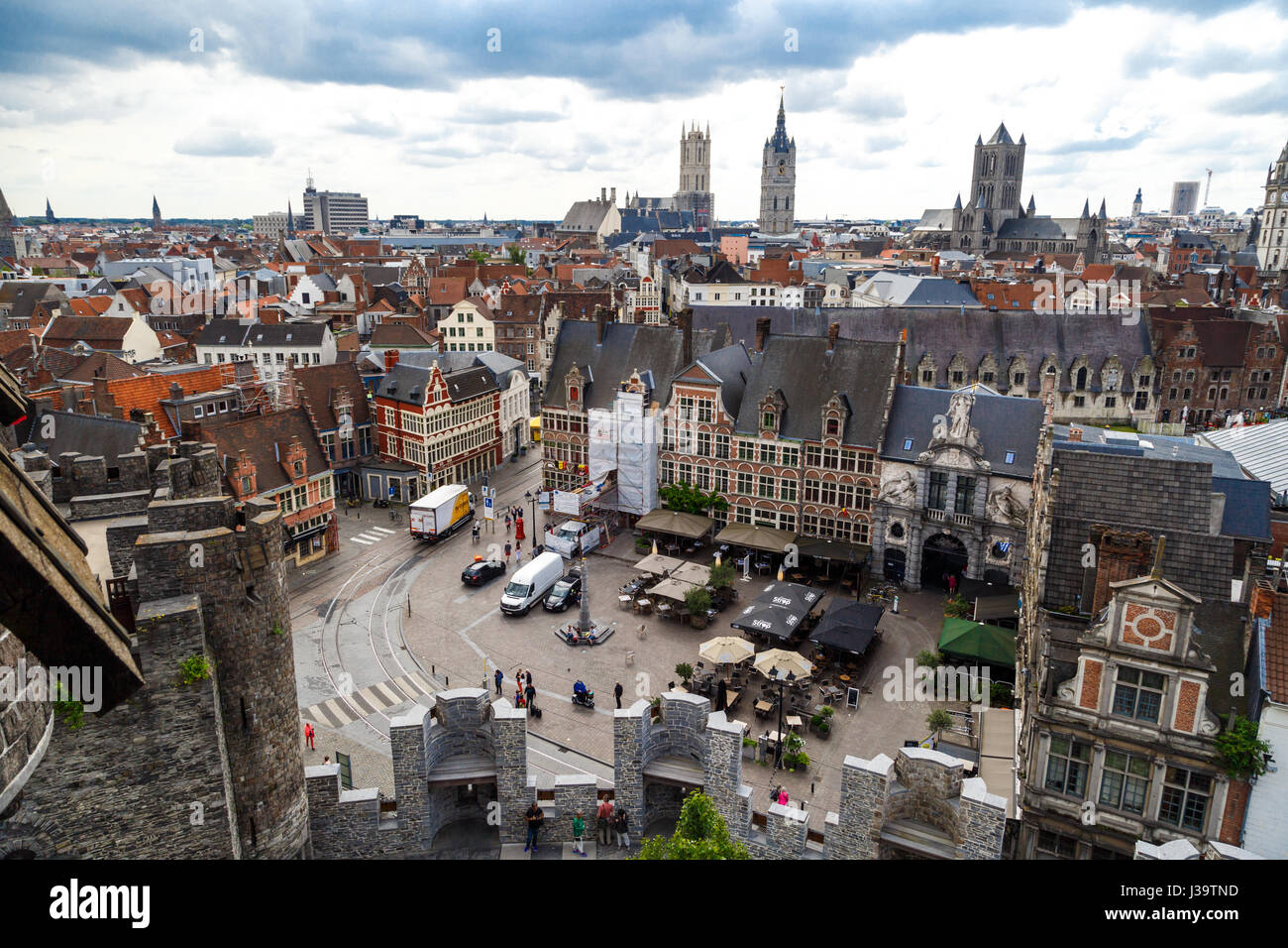 GENT, BELGIUM - JULY 6, 2016 : Aerial view of old town from Gravensteen ...