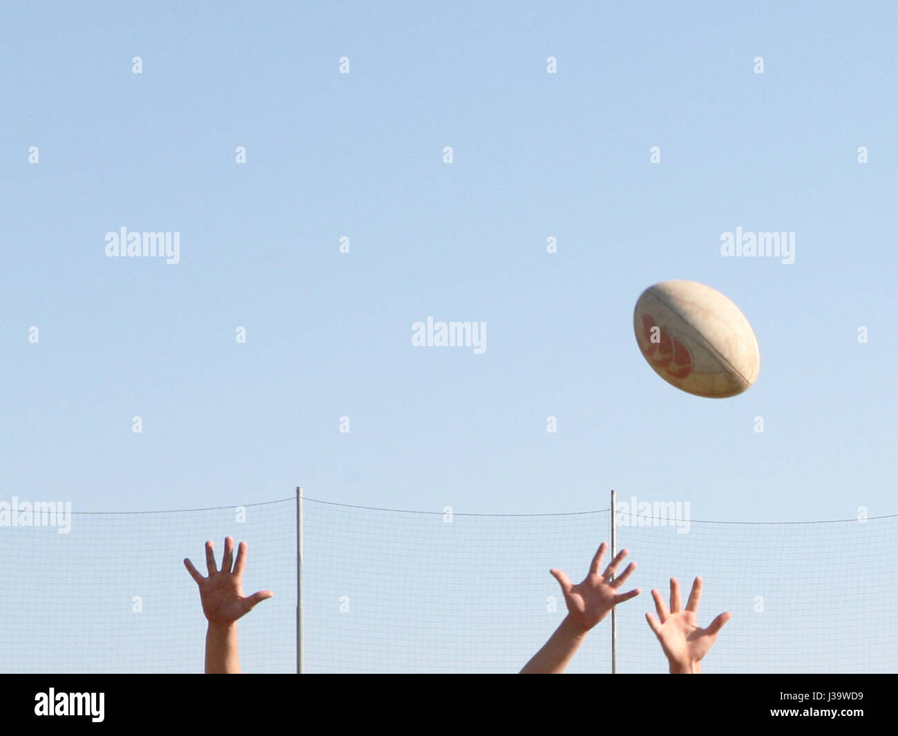 Three hands trying to catch a rugby ball Stock Photo - Alamy