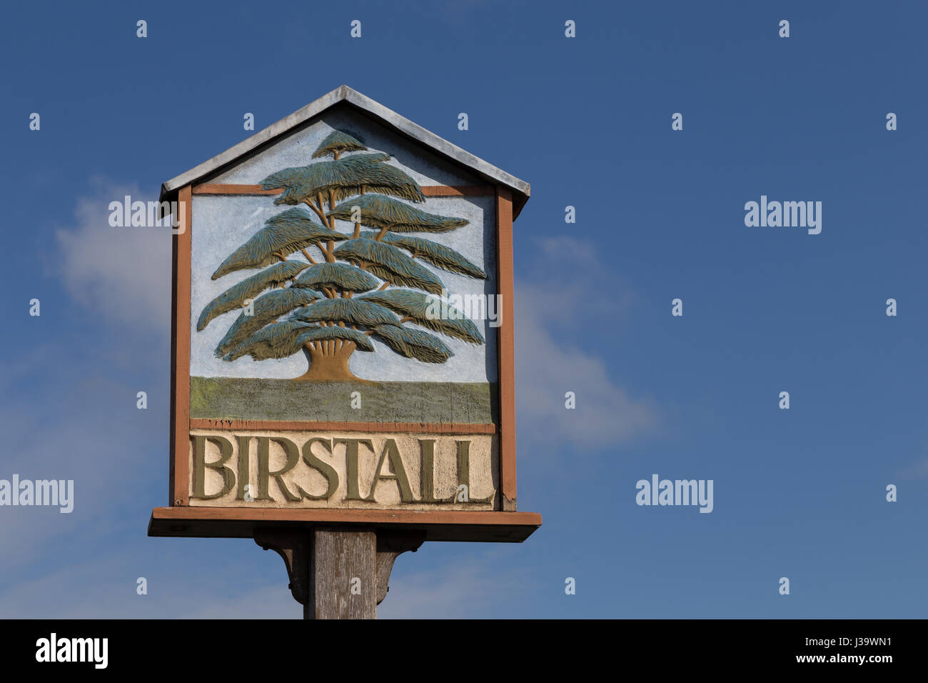 birstall village sign, leicester , english village sign, blue sky and ...