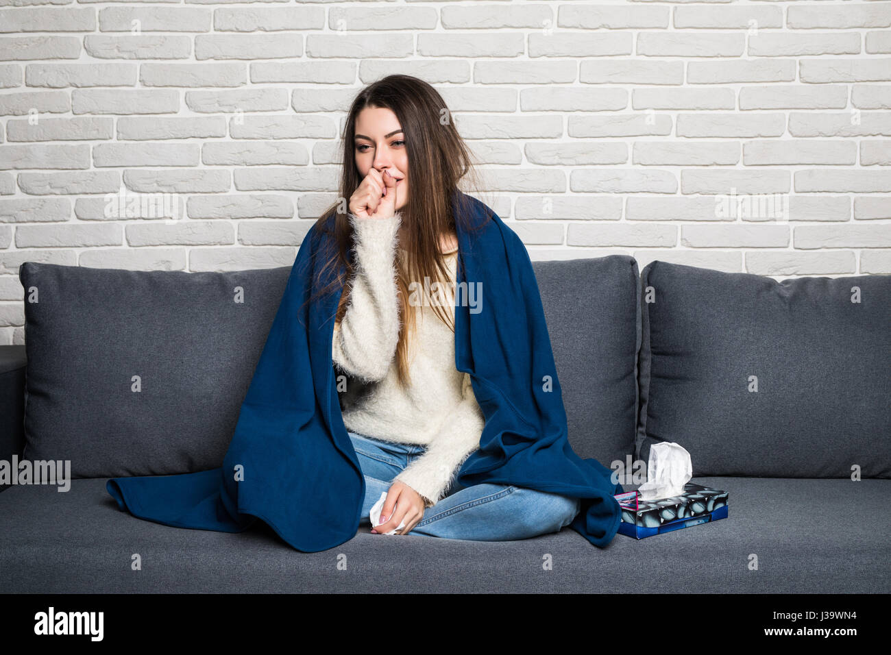 Sick Woman with Thermometer. Allergy reaction. Woman Caught Cold Stock ...