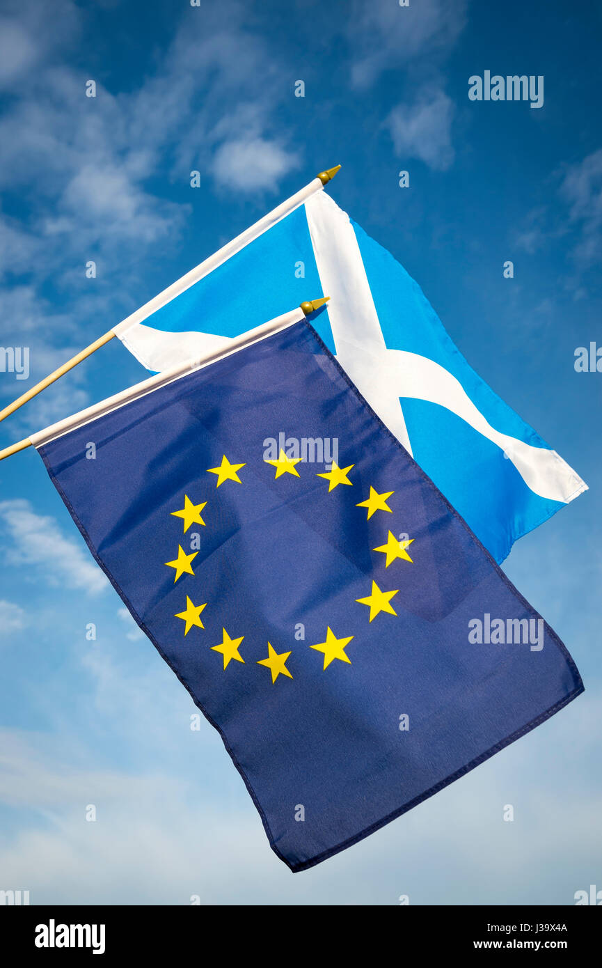 EU European Union and Scottish flags flying together in Brexit ...