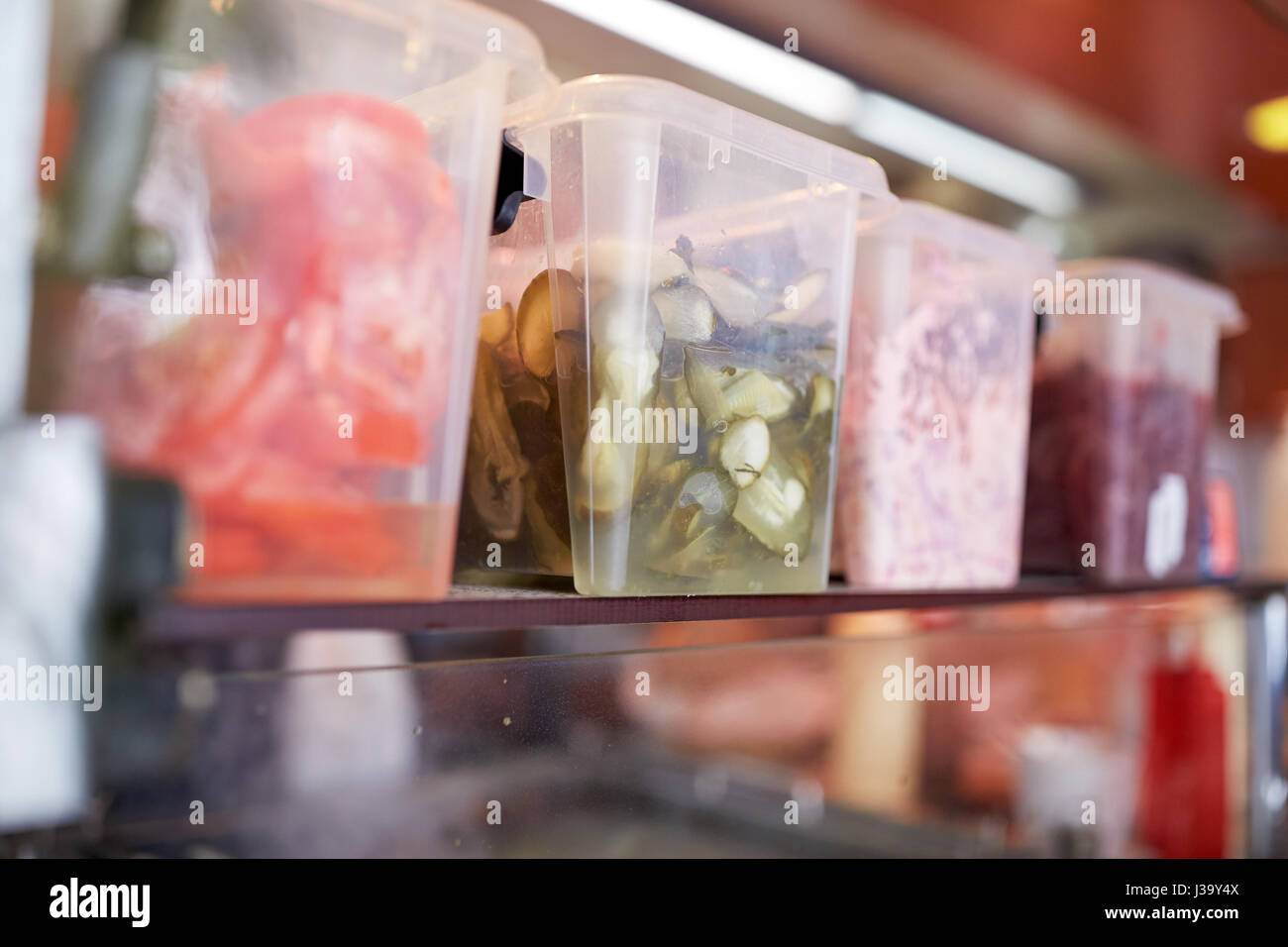 containers with food at restaurant kitchen Stock Photo - Alamy