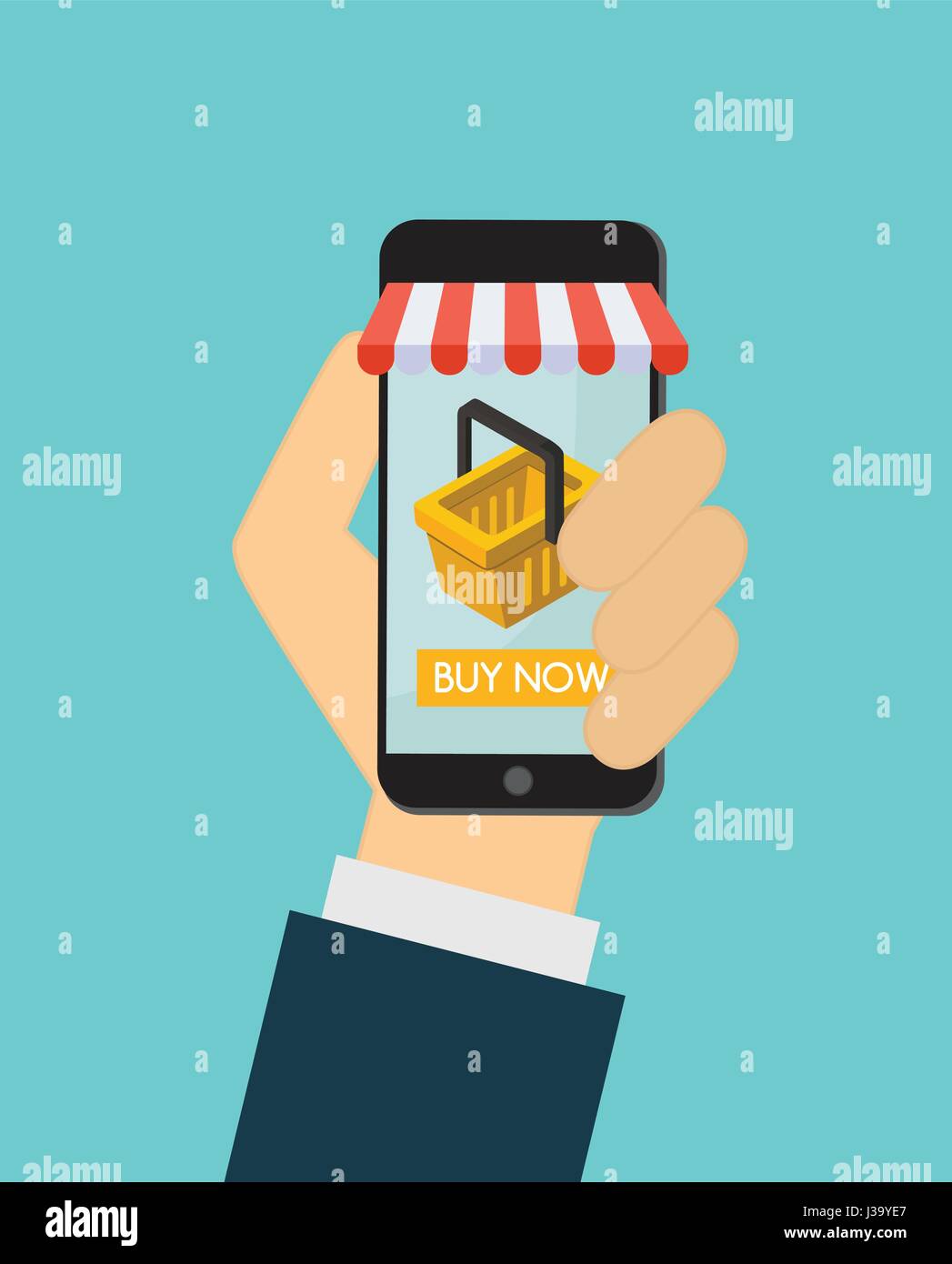 Vector illustration. Online shopping phone with yellow basket. E ...