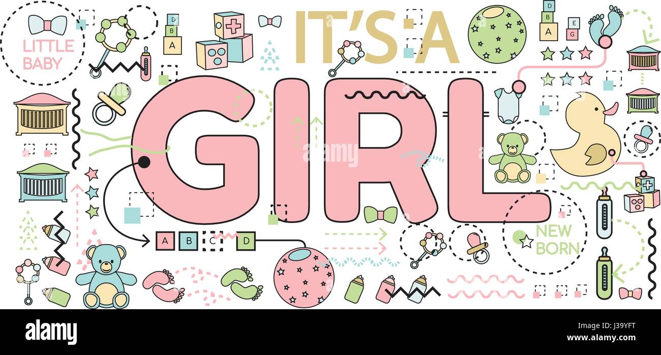 Vector illustration. Baby announcement "it's a girl" text. Baby shower ...