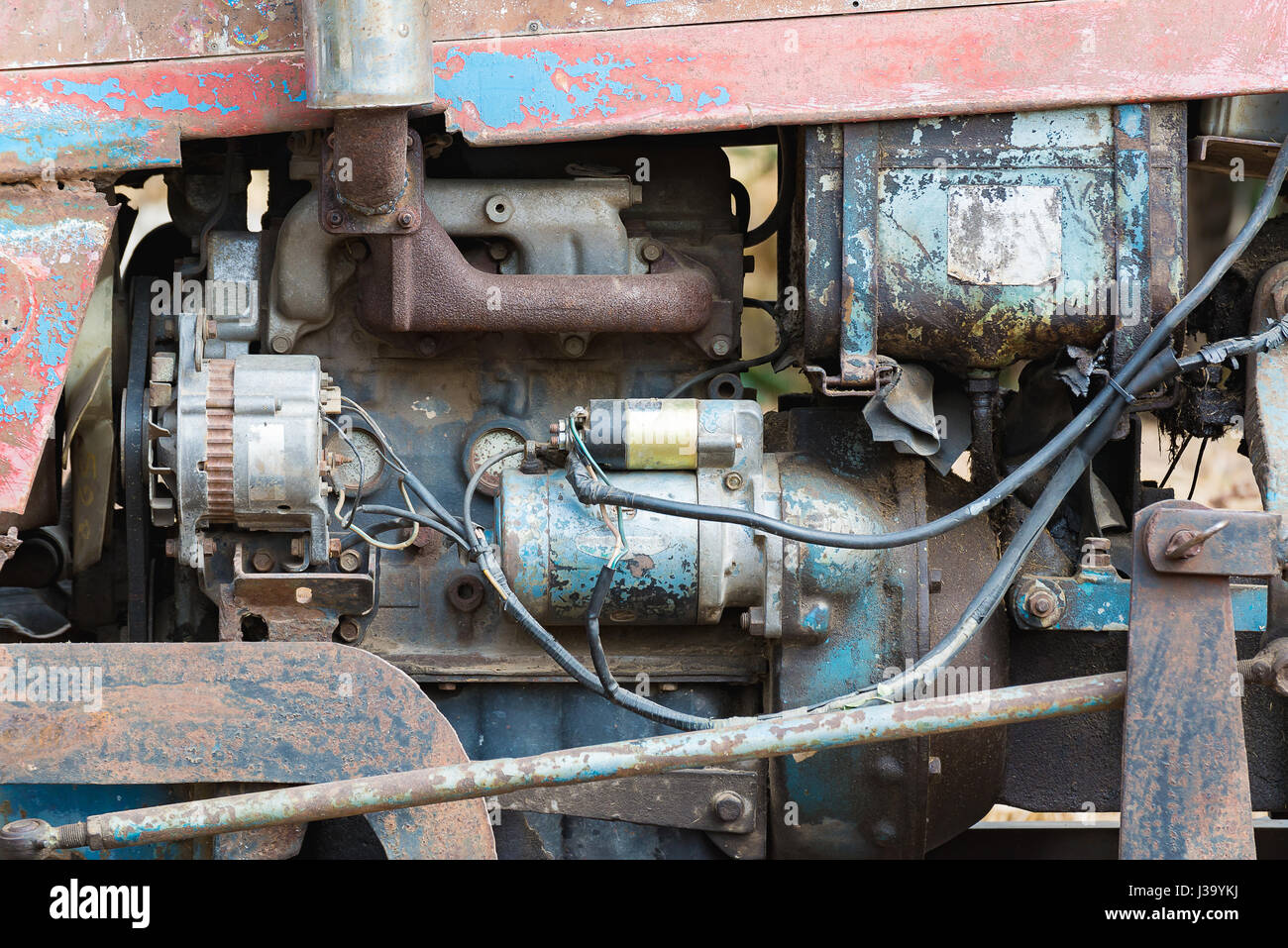 Vintage engine car system. Part of old diesel engine of heavy truck ...