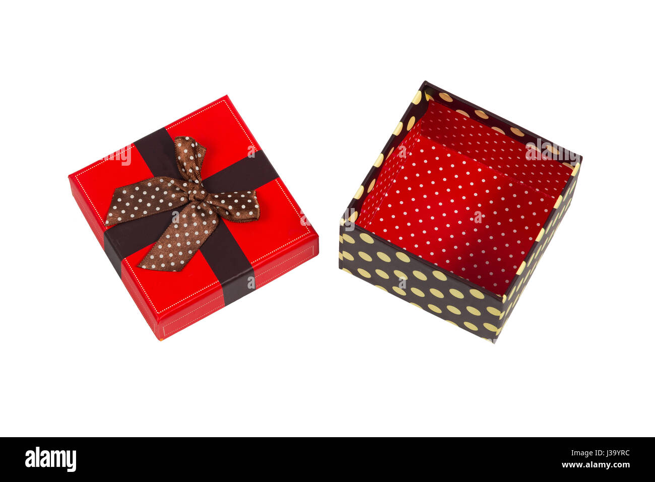 Gift box dark brown color and yellow dot with red cap and ribbon ...