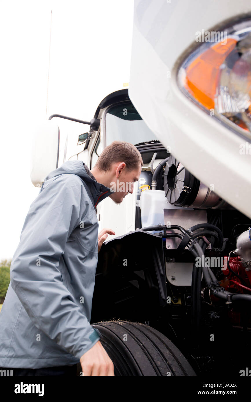 Professional truck driver checks the status of his steel horse with a ...