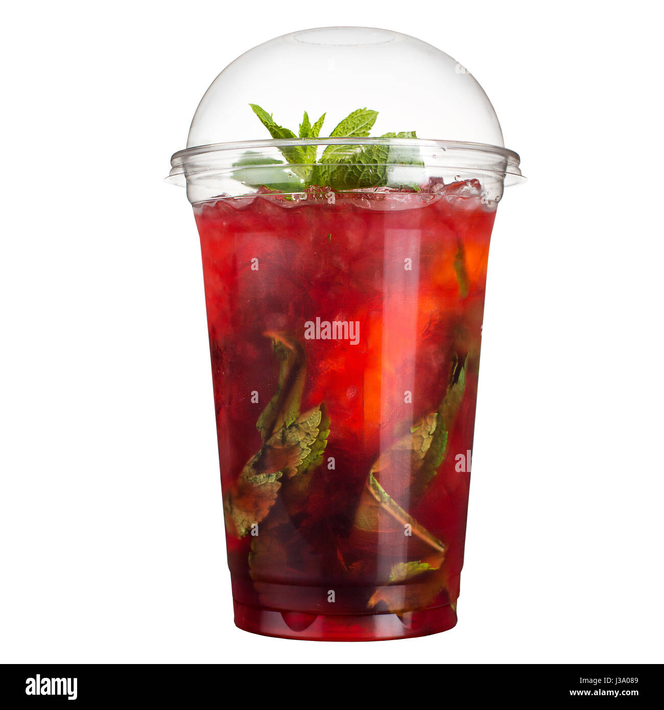 Take-away drink. Refreshing drink in a plastic cup. Red cocktail with ...