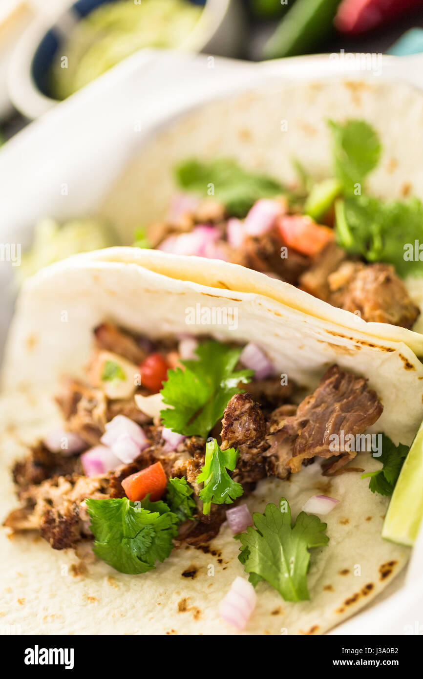 Pulled pork carnitas with pico de gallo on a flour tortilla Stock Photo ...
