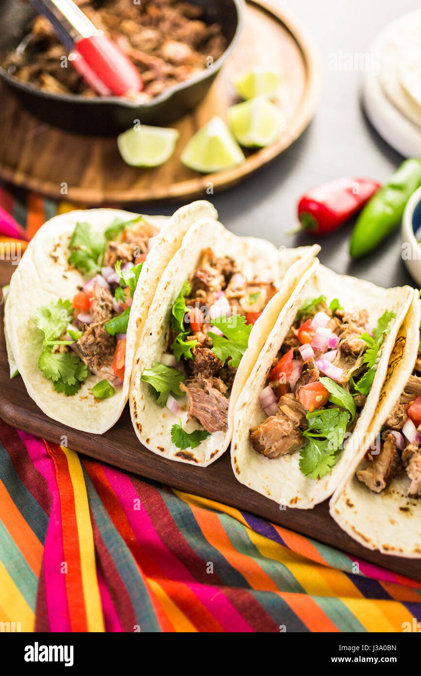 Pulled pork carnitas with pico de gallo on a flour tortilla Stock Photo ...