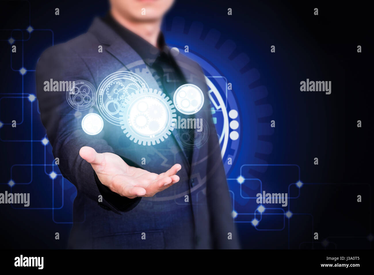 Multi media of Business man and the city with technology background ...
