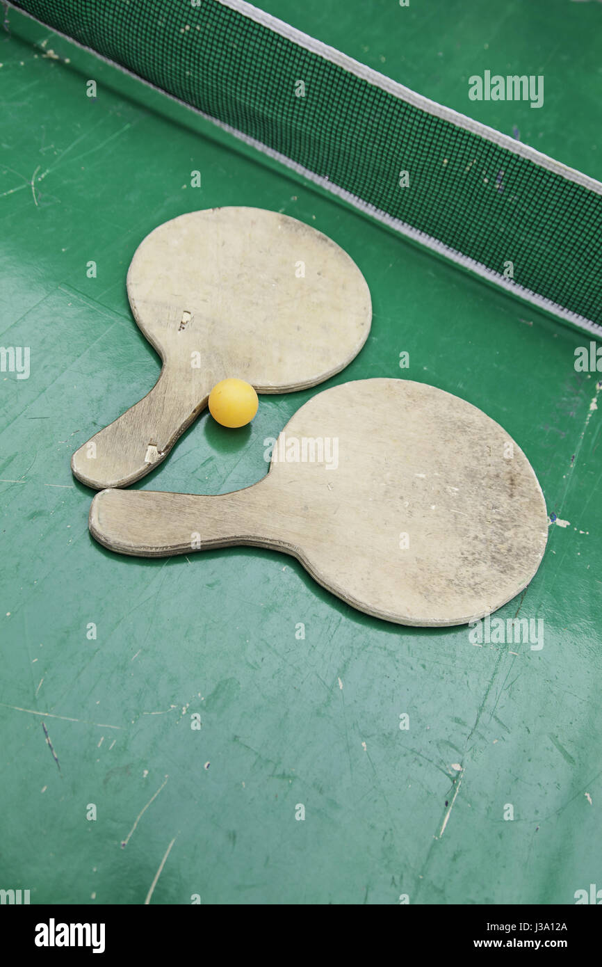 Classic wooden ping pong, detail of a game of action, sport and fun ...