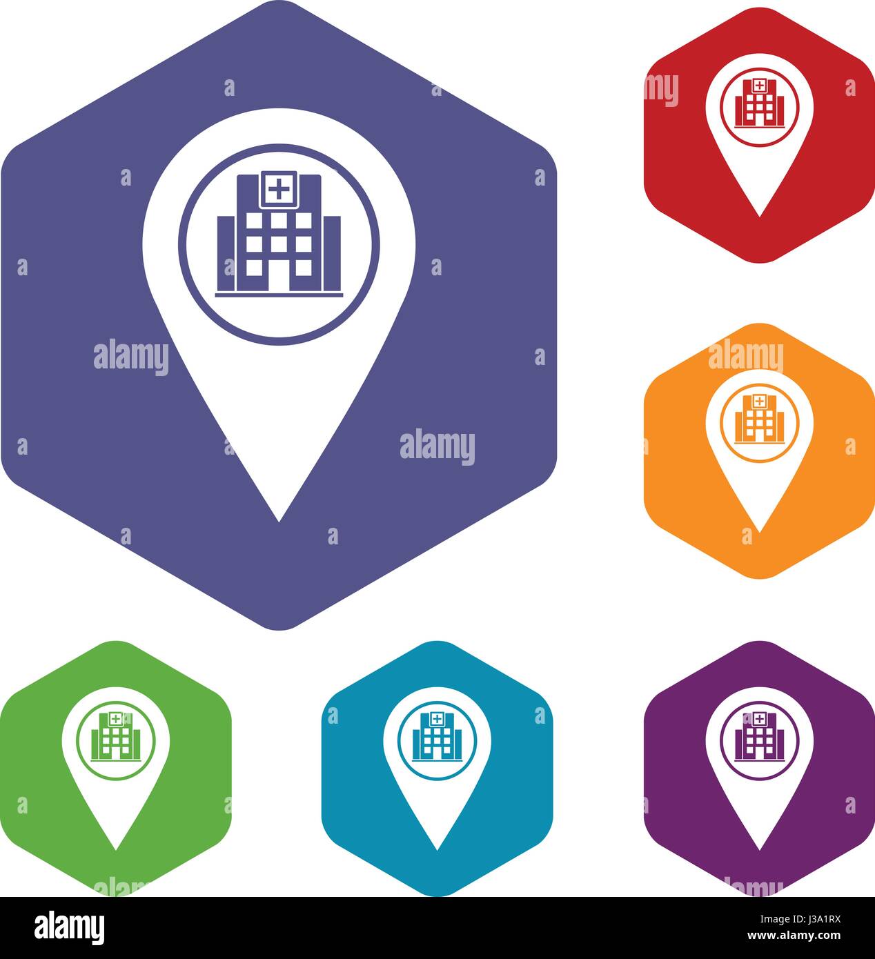 Geo tag with hospital building icons set hexagon Stock Vector Image ...
