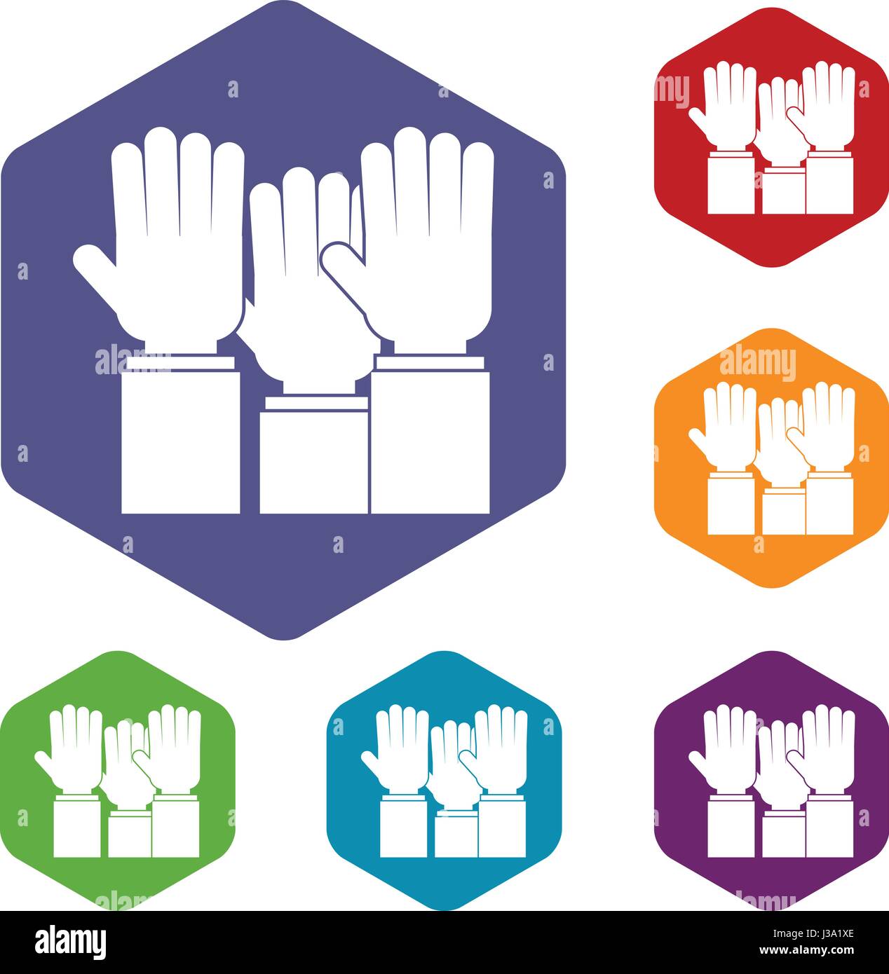 Different people hands raised up icons set hexagon Stock Vector Image ...