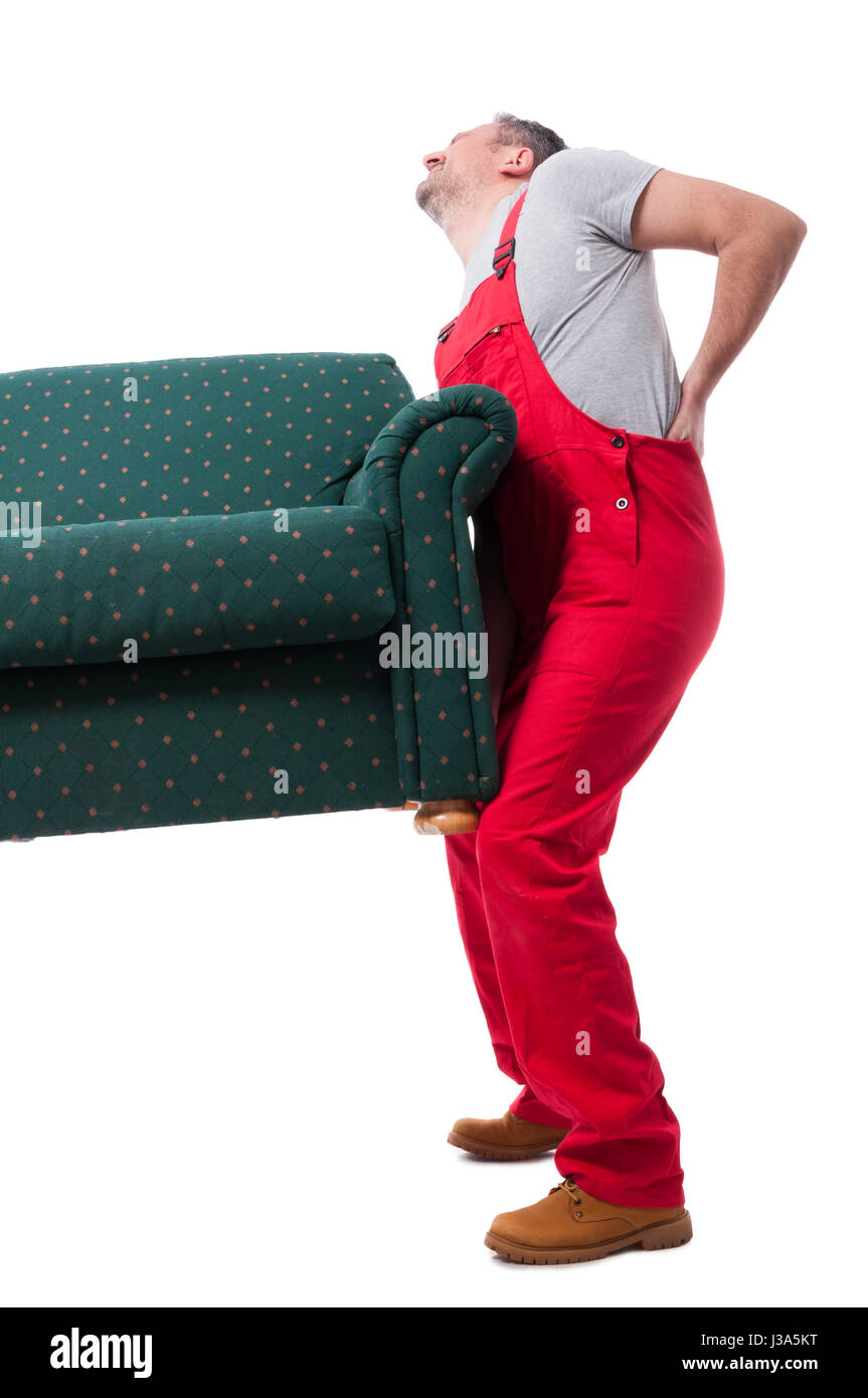 Full body of mover guy lifting up a heavy couch having back pain ...