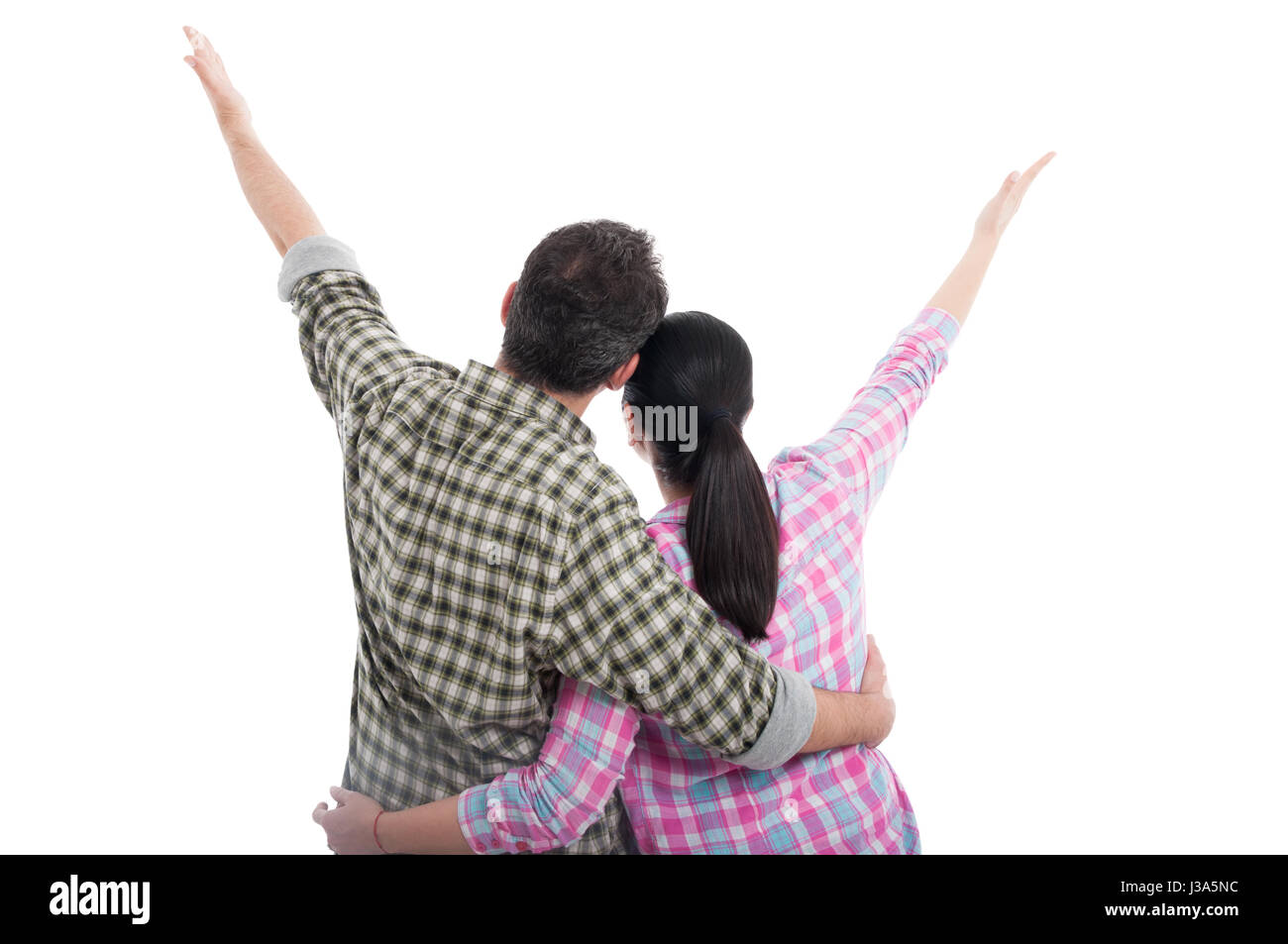 Romantic couple embracing each other and doing welcome gesture on white ...