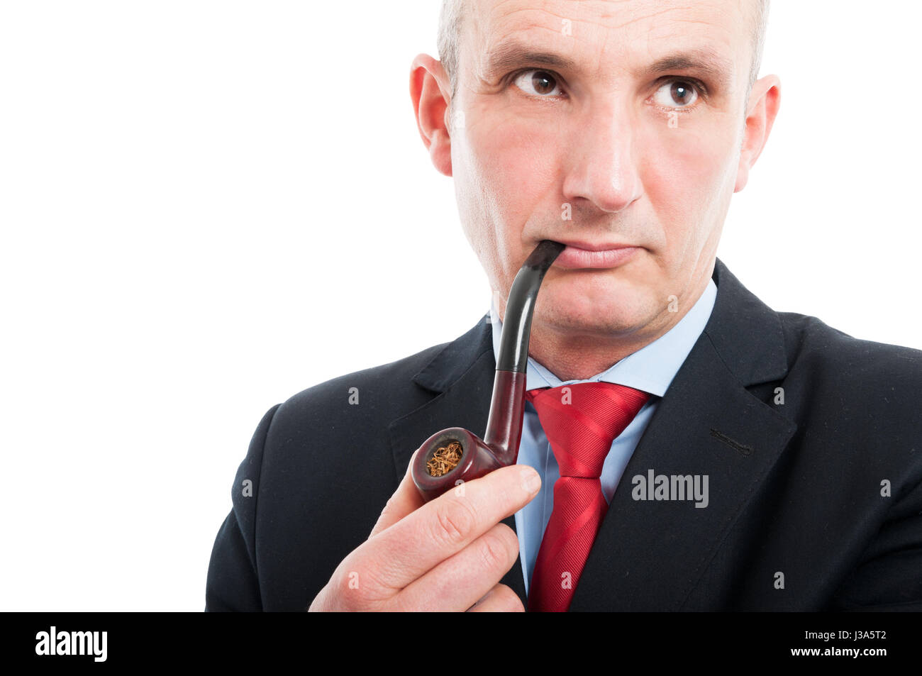 Portrait of middle age business man smoking pipe isolated on white ...