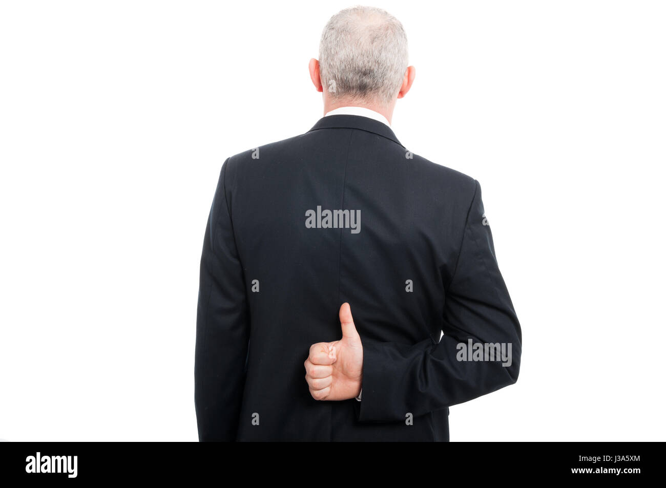 Back view of aged elegant man showing like gesture behind back wearing ...