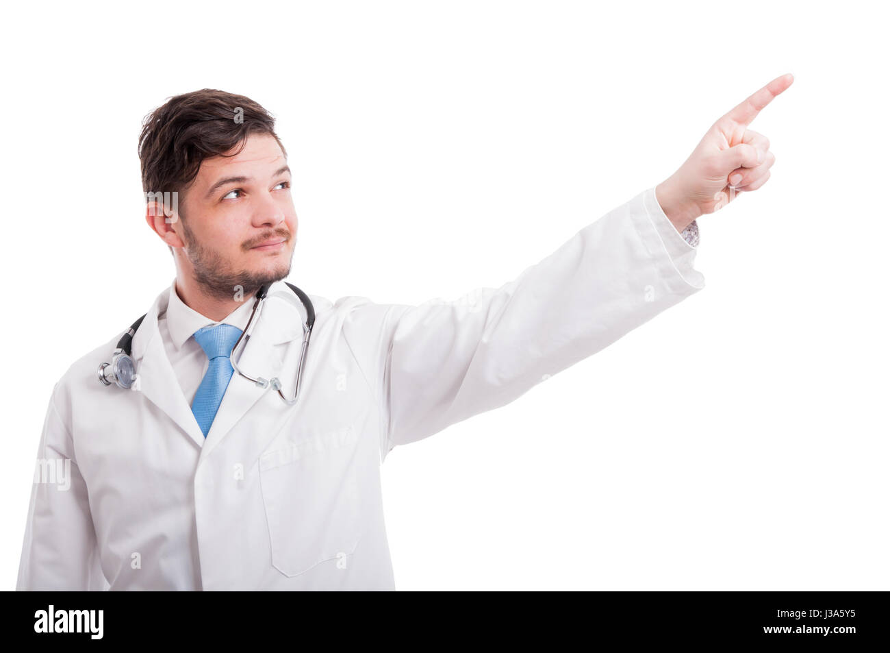Medical doctor with stethoscope point finger up to the corner and smile ...