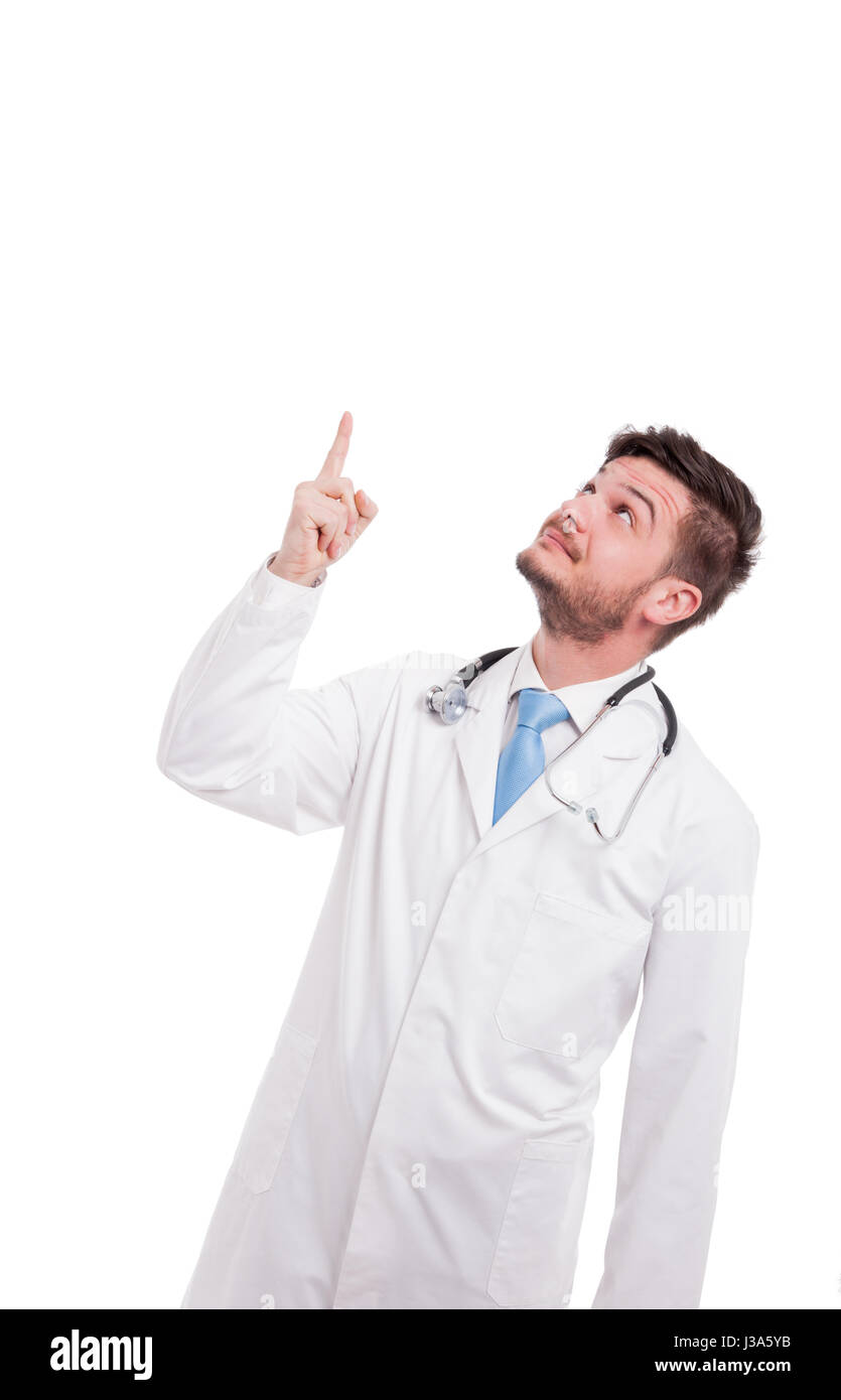 Medical doctor with stethoscope point his finger up above his head on ...