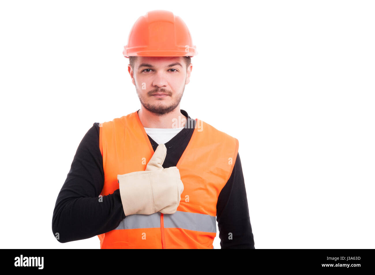 Builder man raising his finger up as like symbol on a white background ...