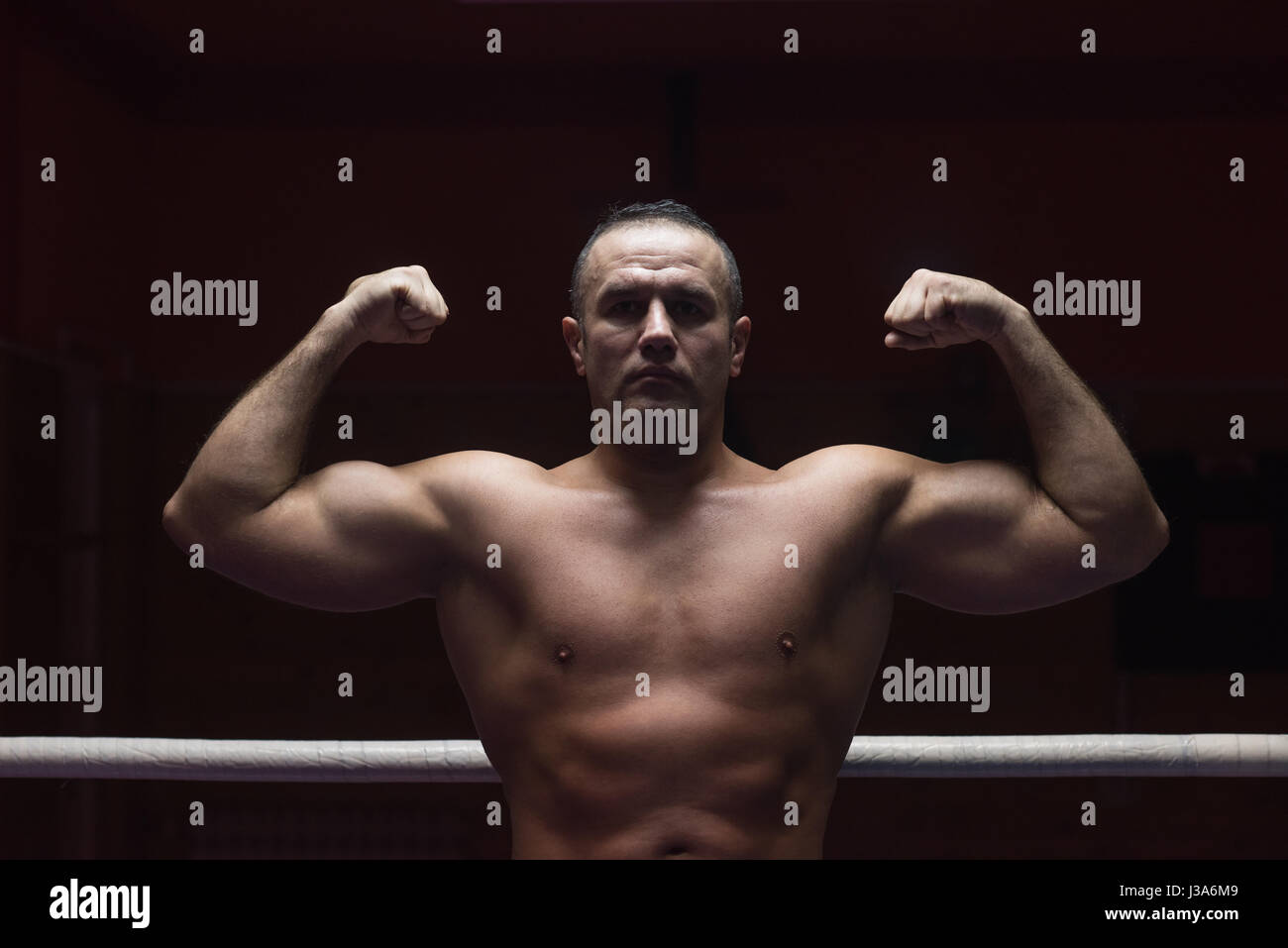 portrait of muscular professional kickboxer who standing in the ring ...