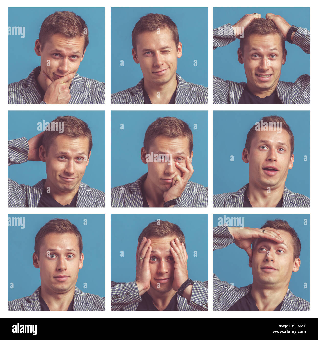 Portraits of young handsome man with different face expression Stock ...