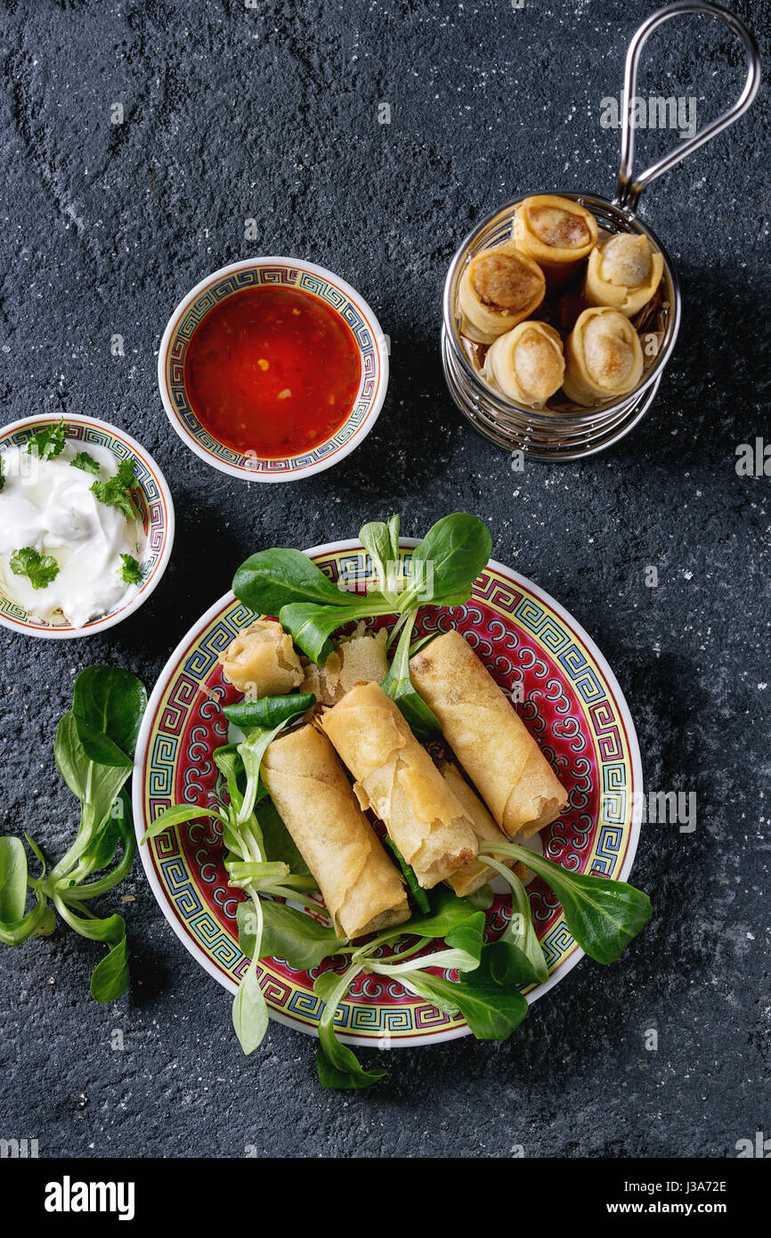 Fried spring rolls with sauce Stock Photo - Alamy