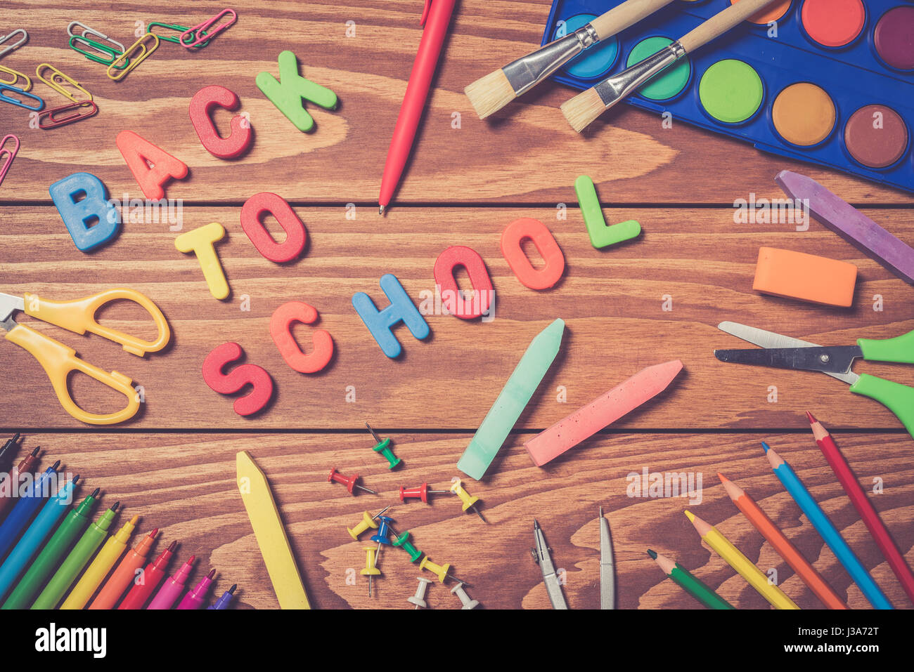 Back to school concept on wooden table Stock Photo - Alamy